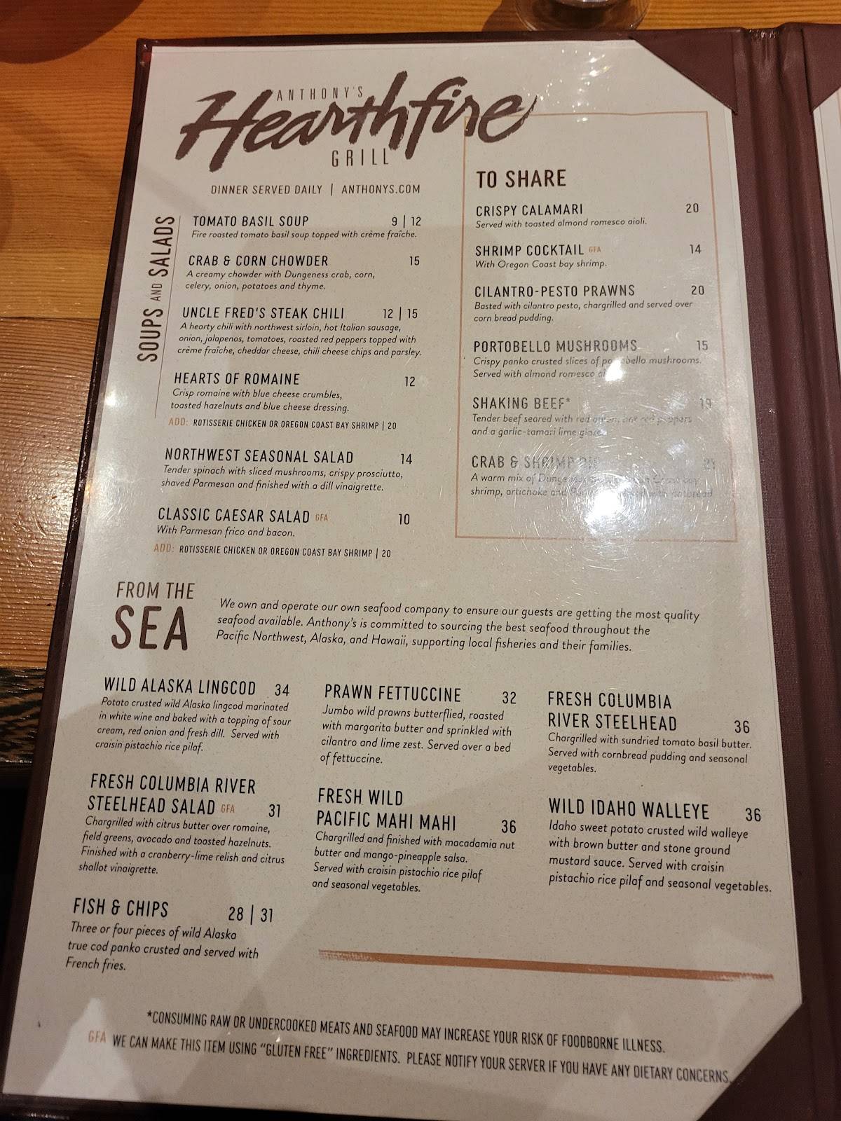 Menu at Anthony's Hearthfire Grill Olympia restaurant, Olympia