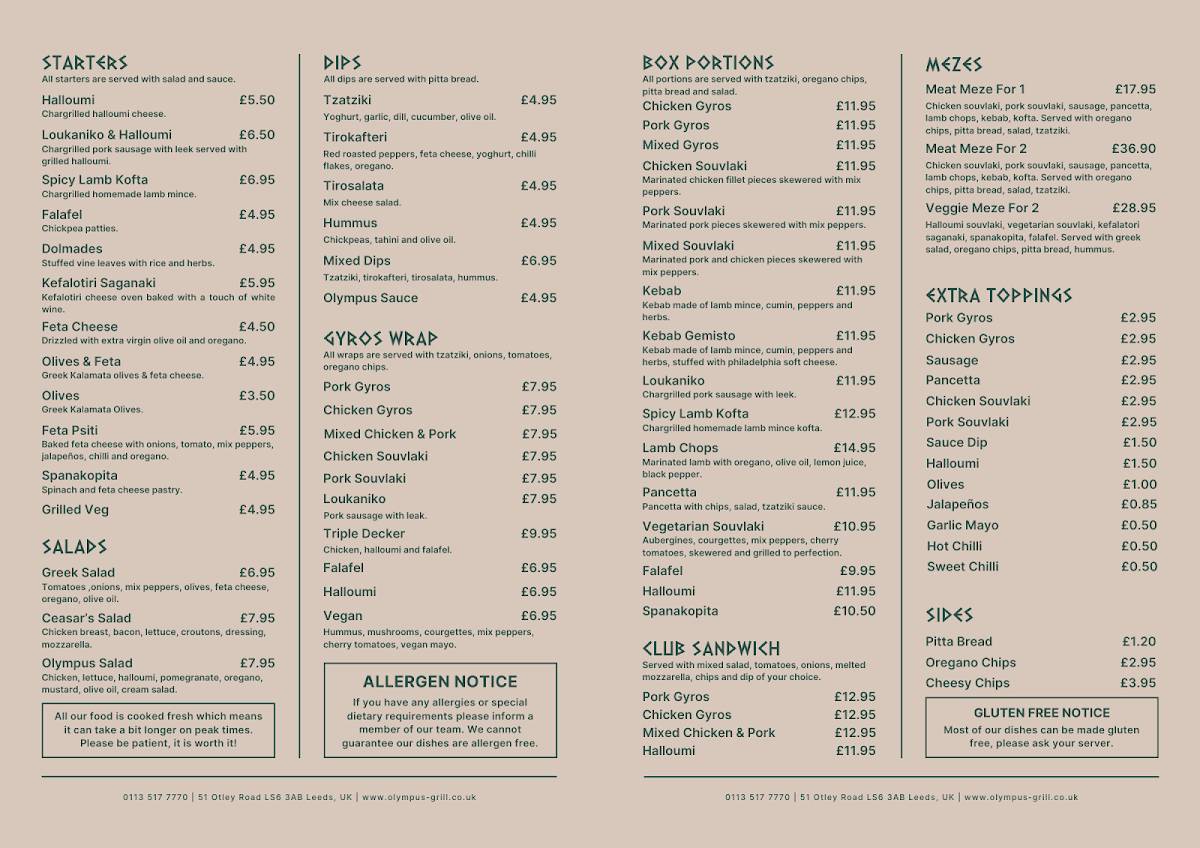 Menu at Olympus Greek Street Food restaurant, Leeds