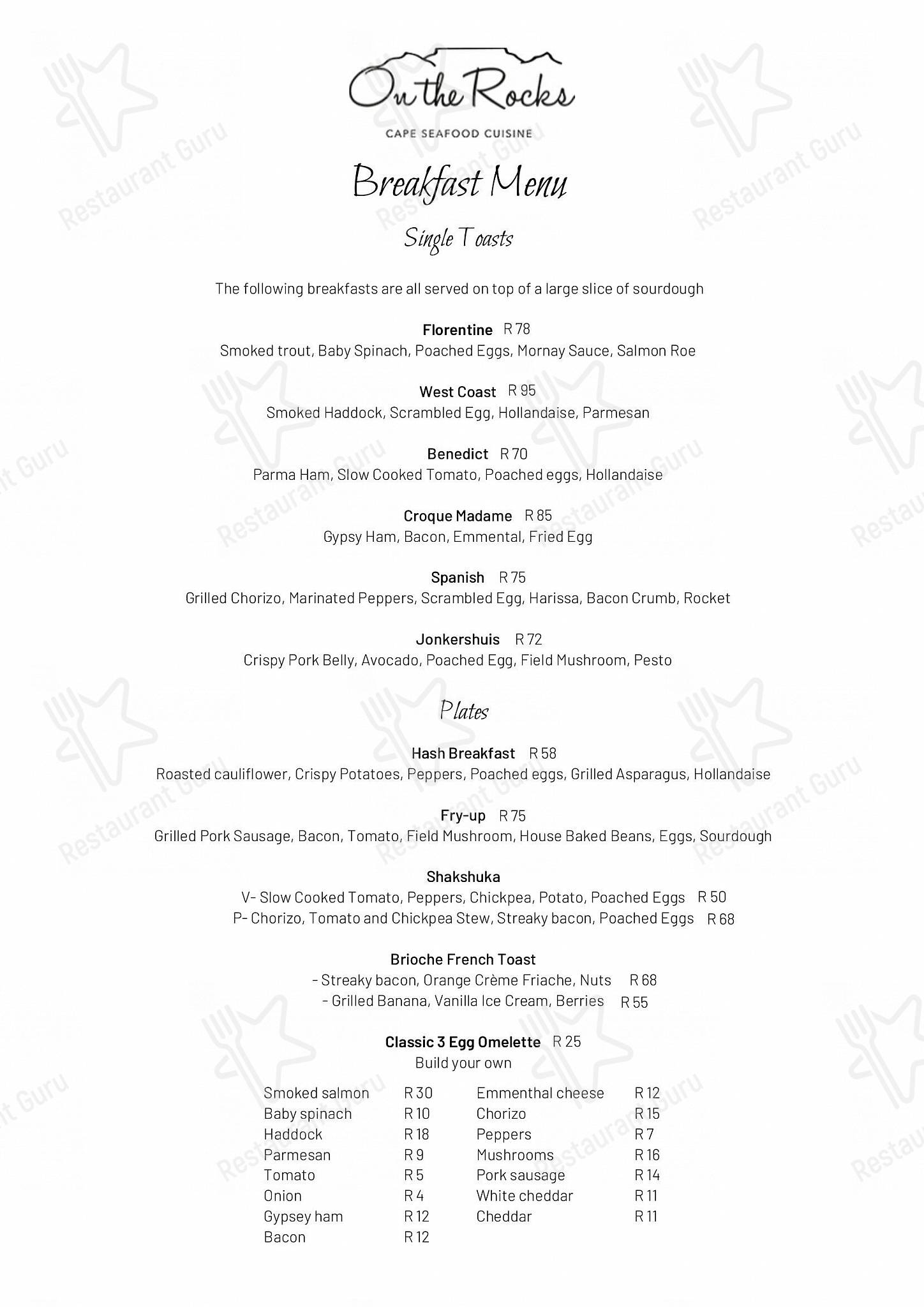 Menu at On the Rocks Restaurant, Cape Town, 45 Stadler Rd