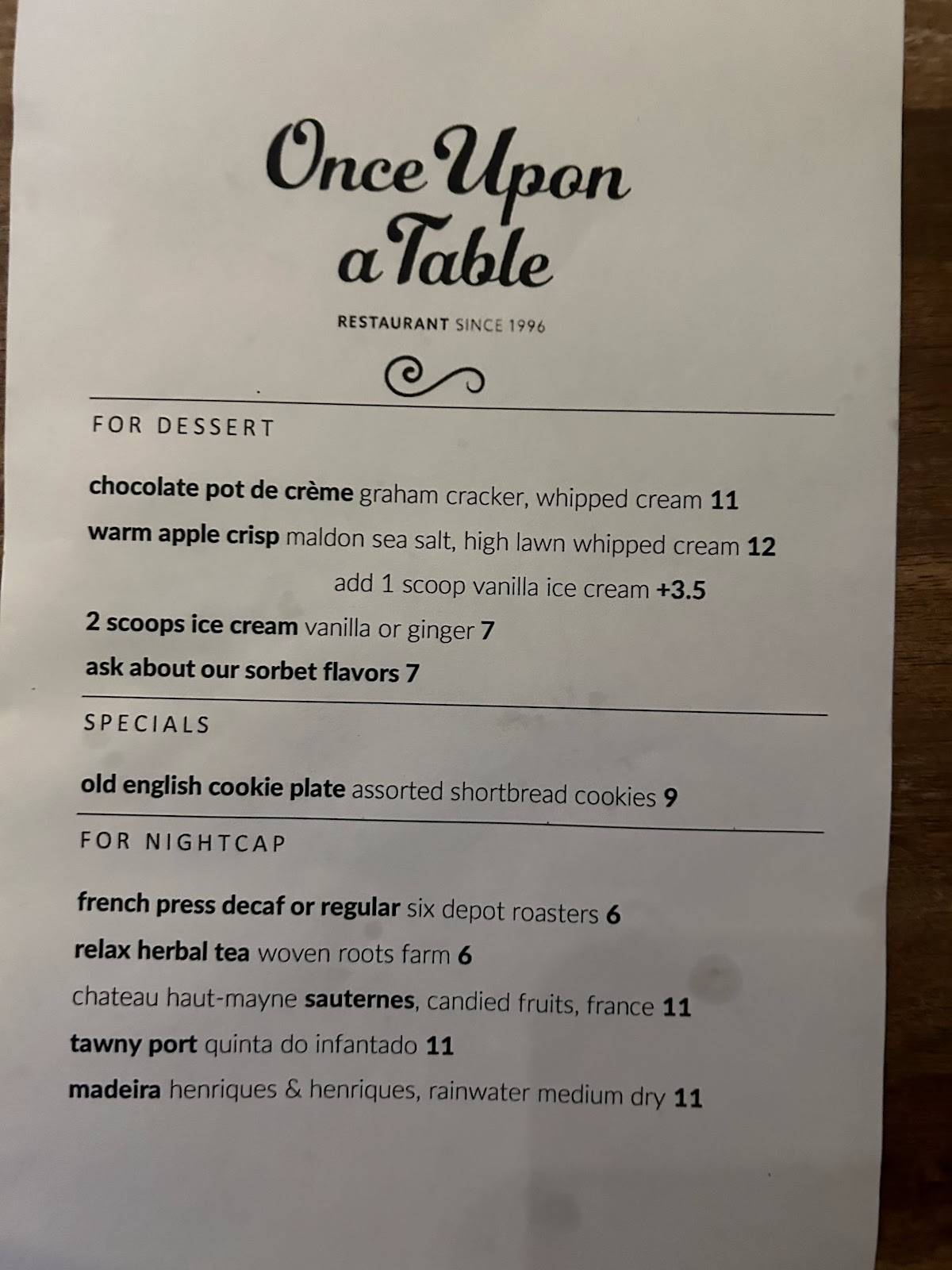 Menu at Once Upon a Table restaurant, Stockbridge, 36 Main St