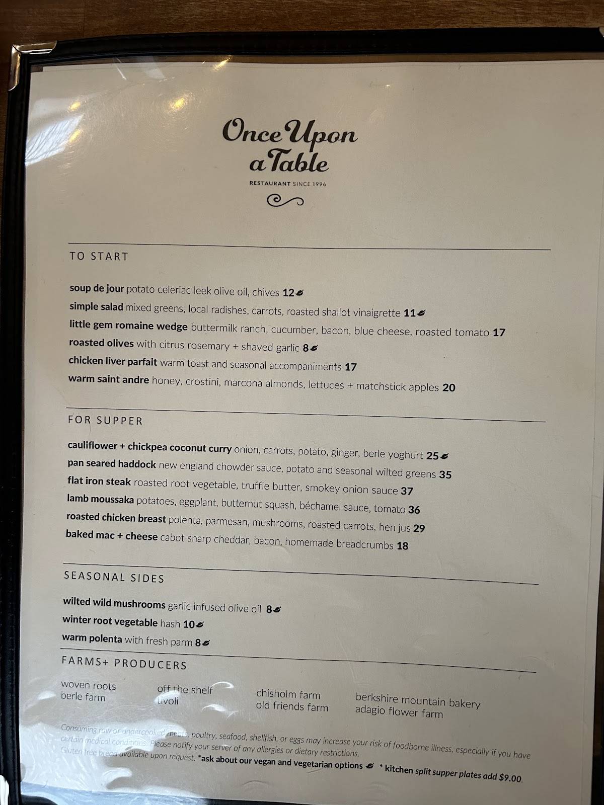 Menu at Once Upon a Table restaurant, Stockbridge, 36 Main St