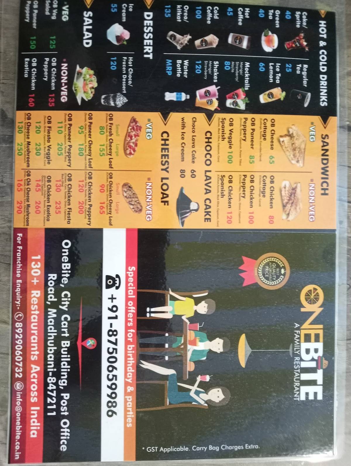Menu at One Bite, Madhubani, Madhubani