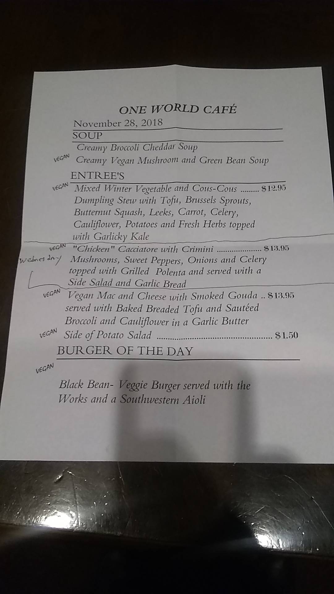 Menu at One World Cafe, Baltimore
