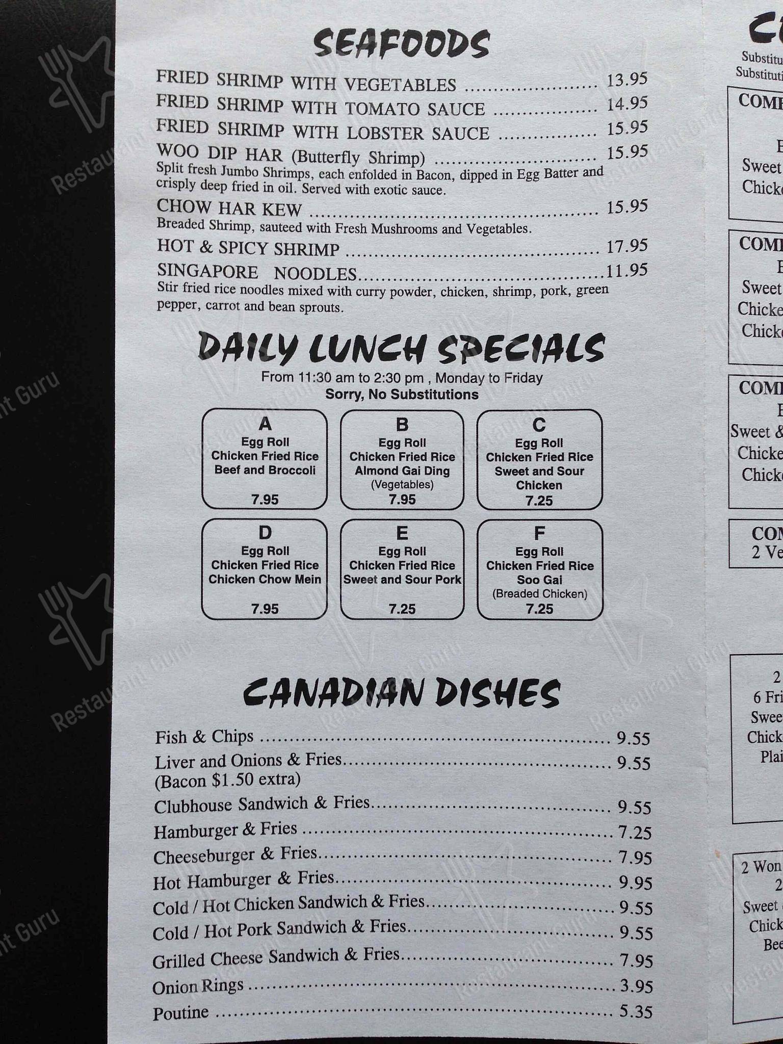 Menu at Ong's restaurant, Head of Jeddore
