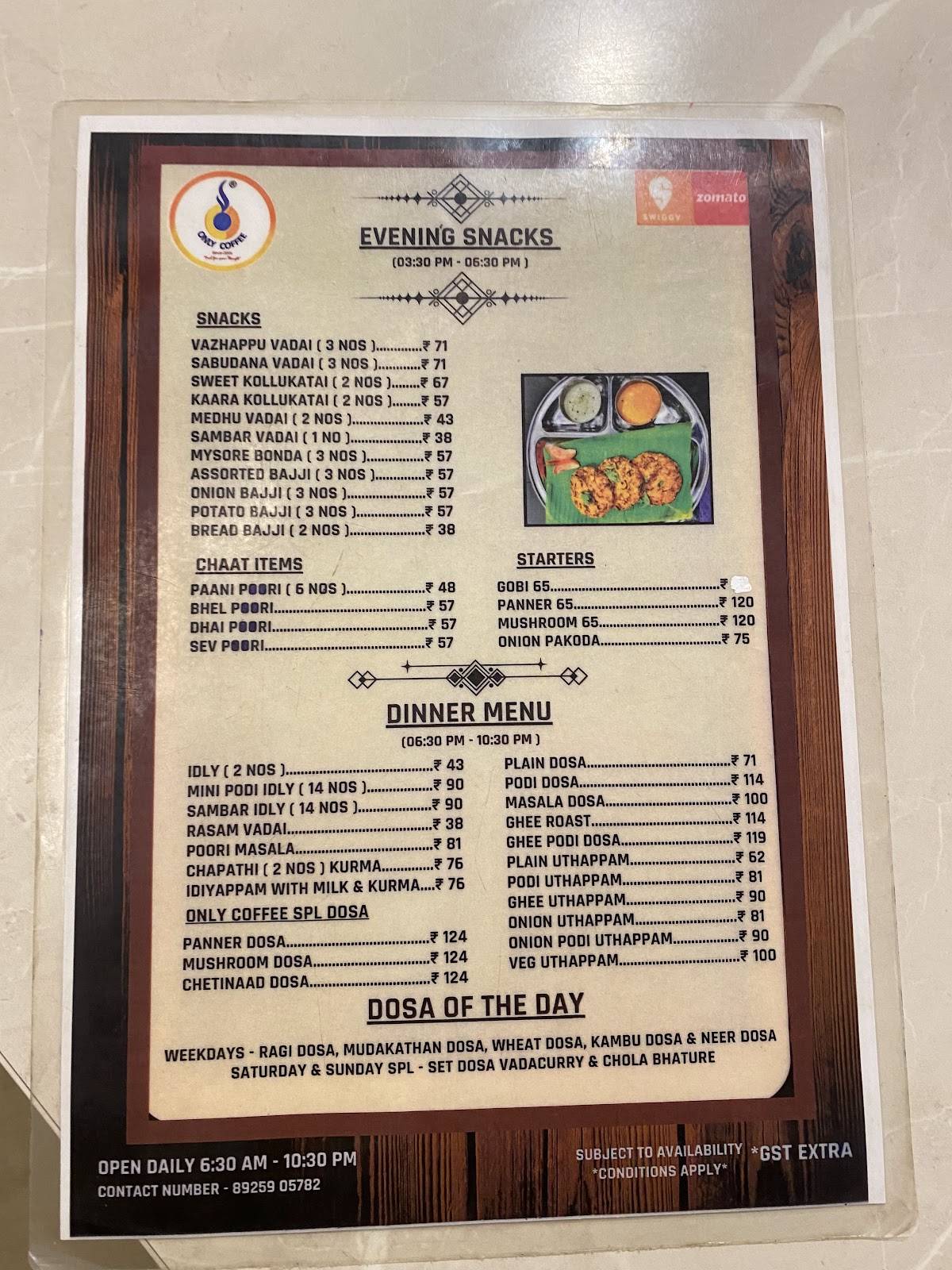 Menu at ONLY COFFEE, Chennai, 16/17