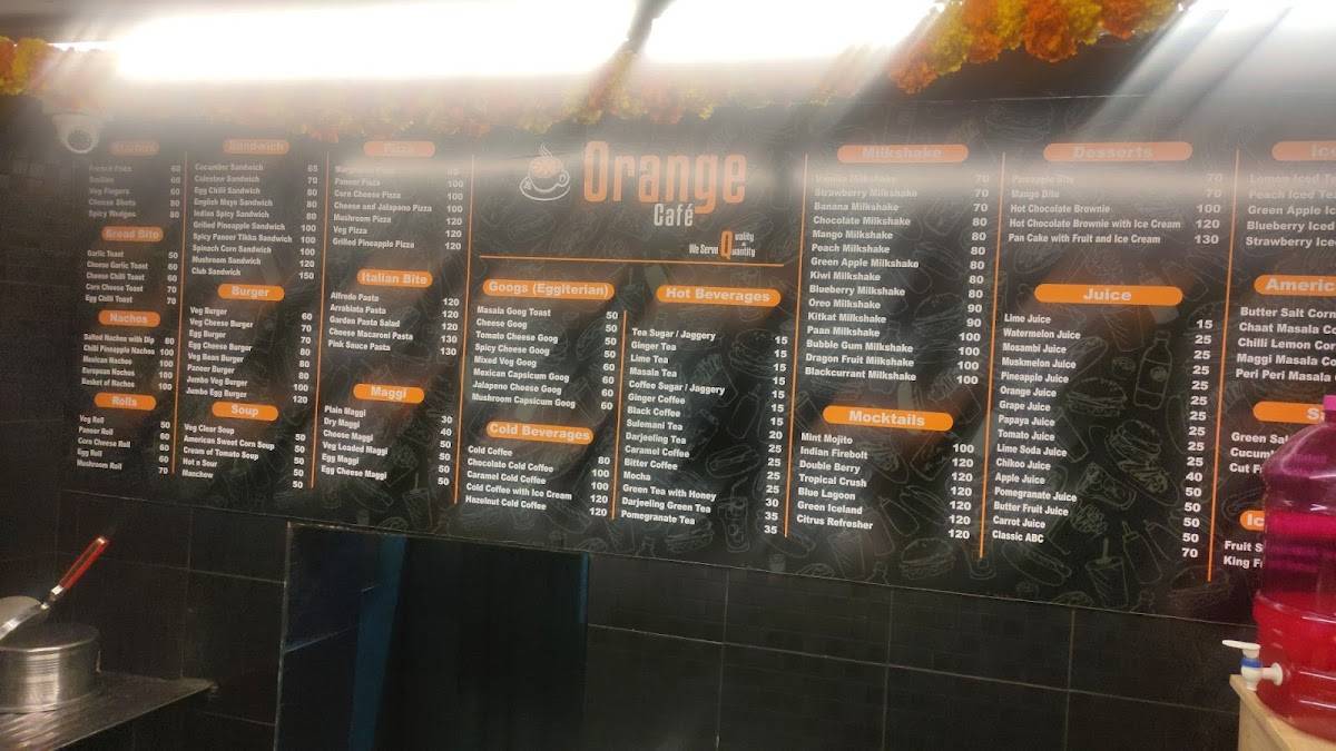Menu at Orange Cafe, Mysuru