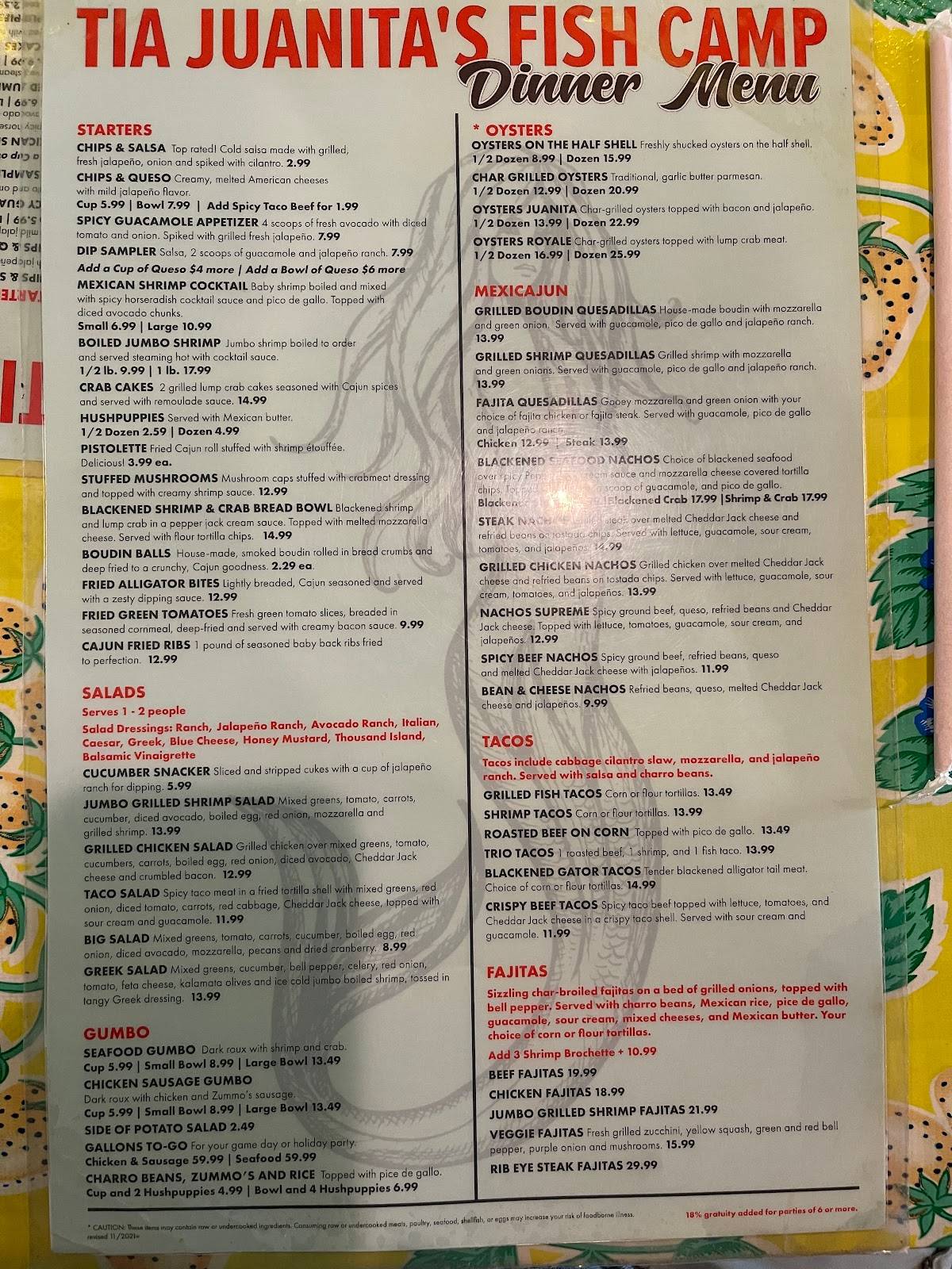Menu at Tia Juanita’s Fish Camp restaurant, Orange