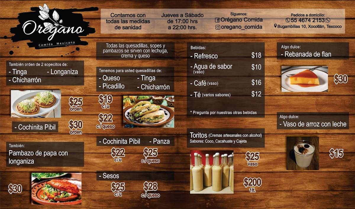 Menu at Oregano restaurant, Xocotlán