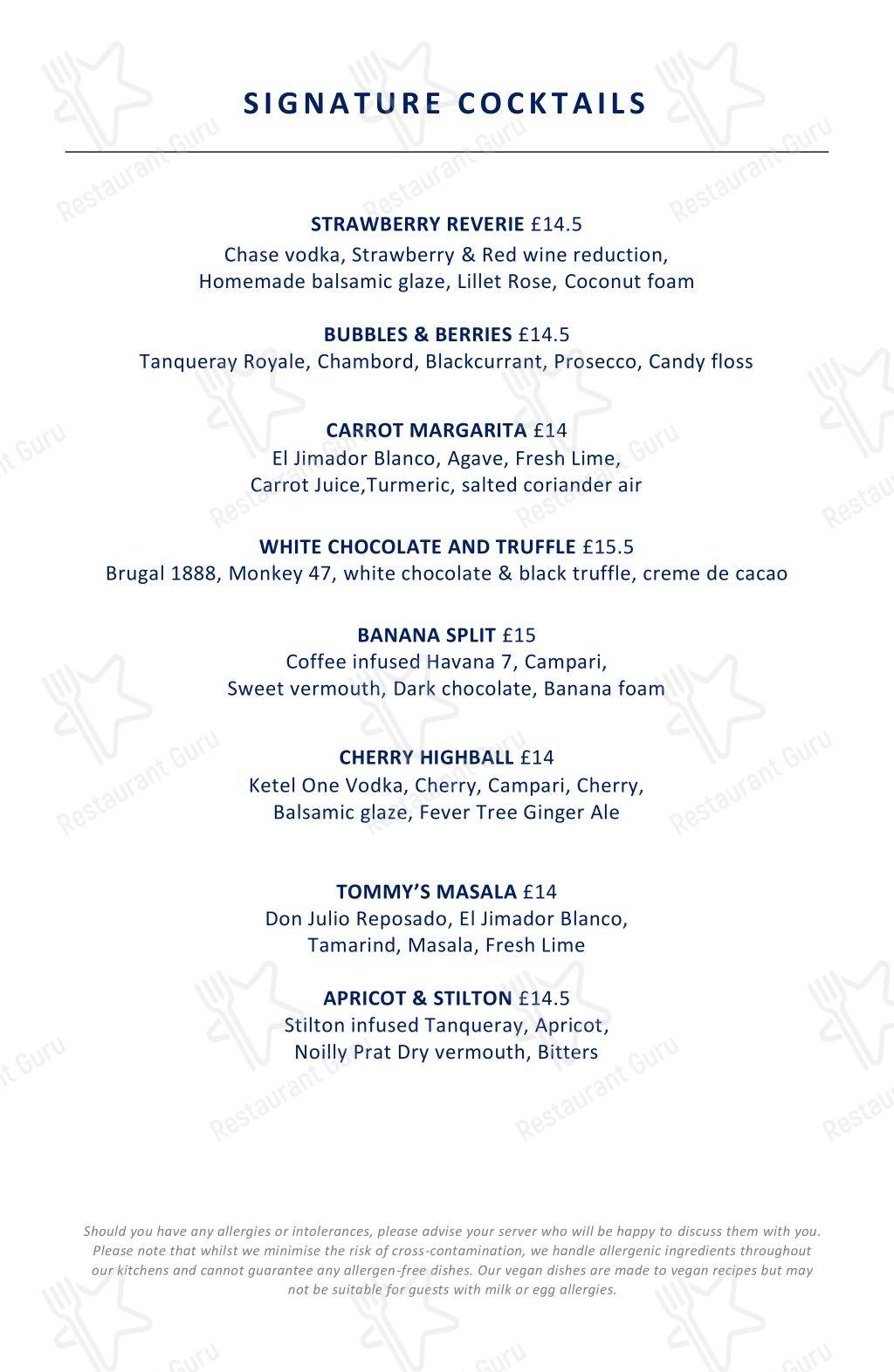 Menu at Orelle restaurant, Birmingham