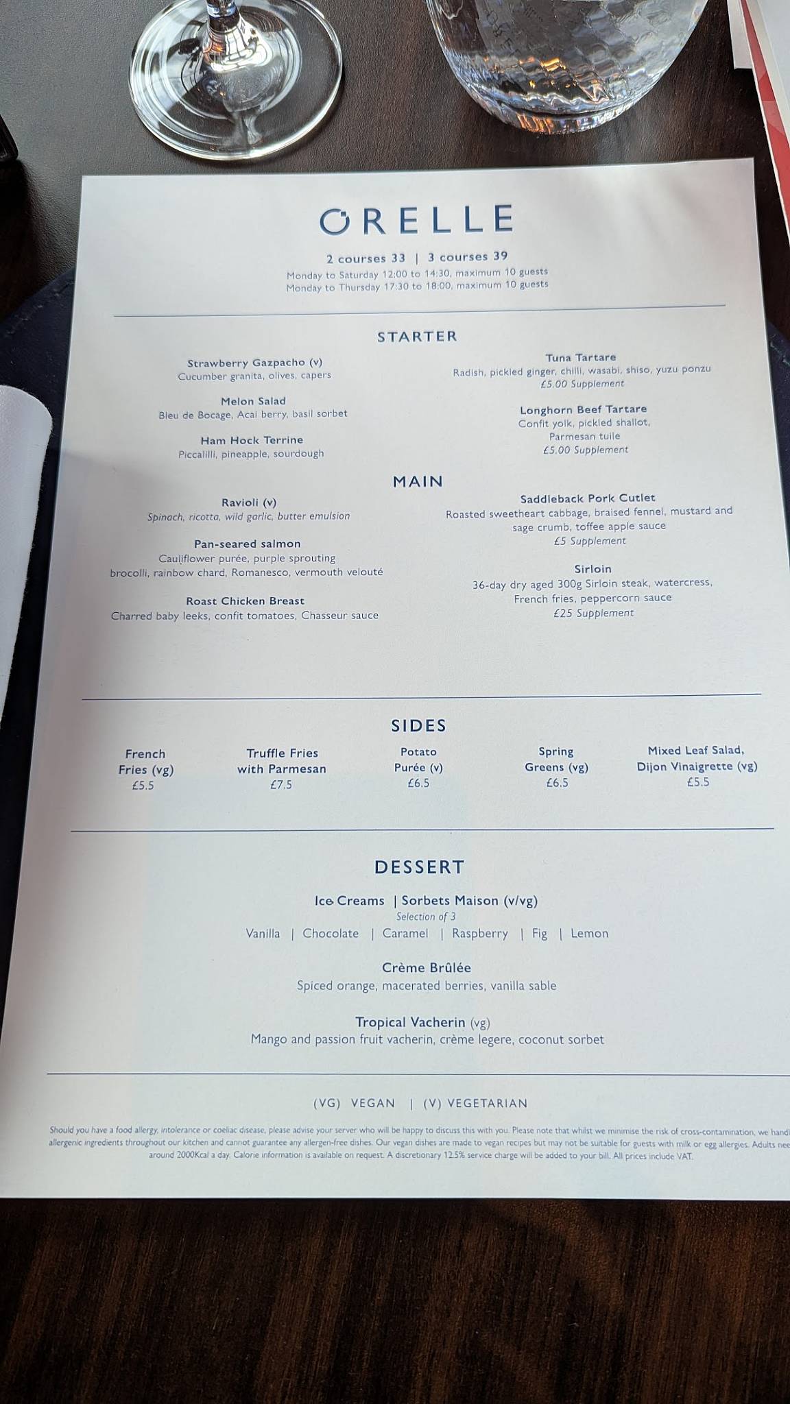 Menu at Orelle restaurant, Birmingham