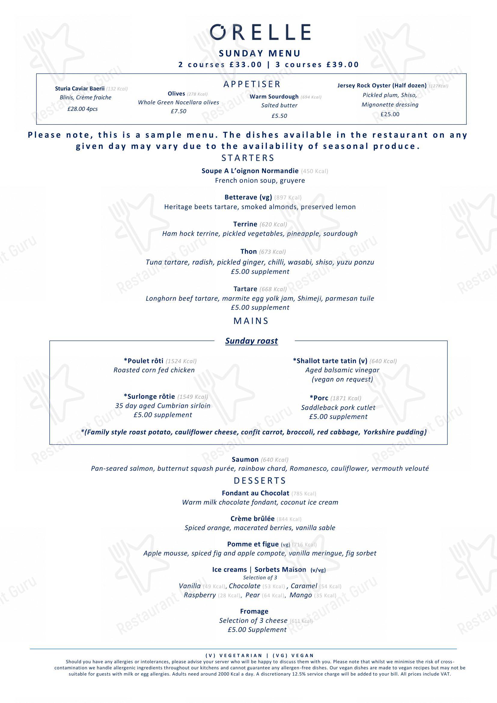 Menu at Orelle restaurant, Birmingham