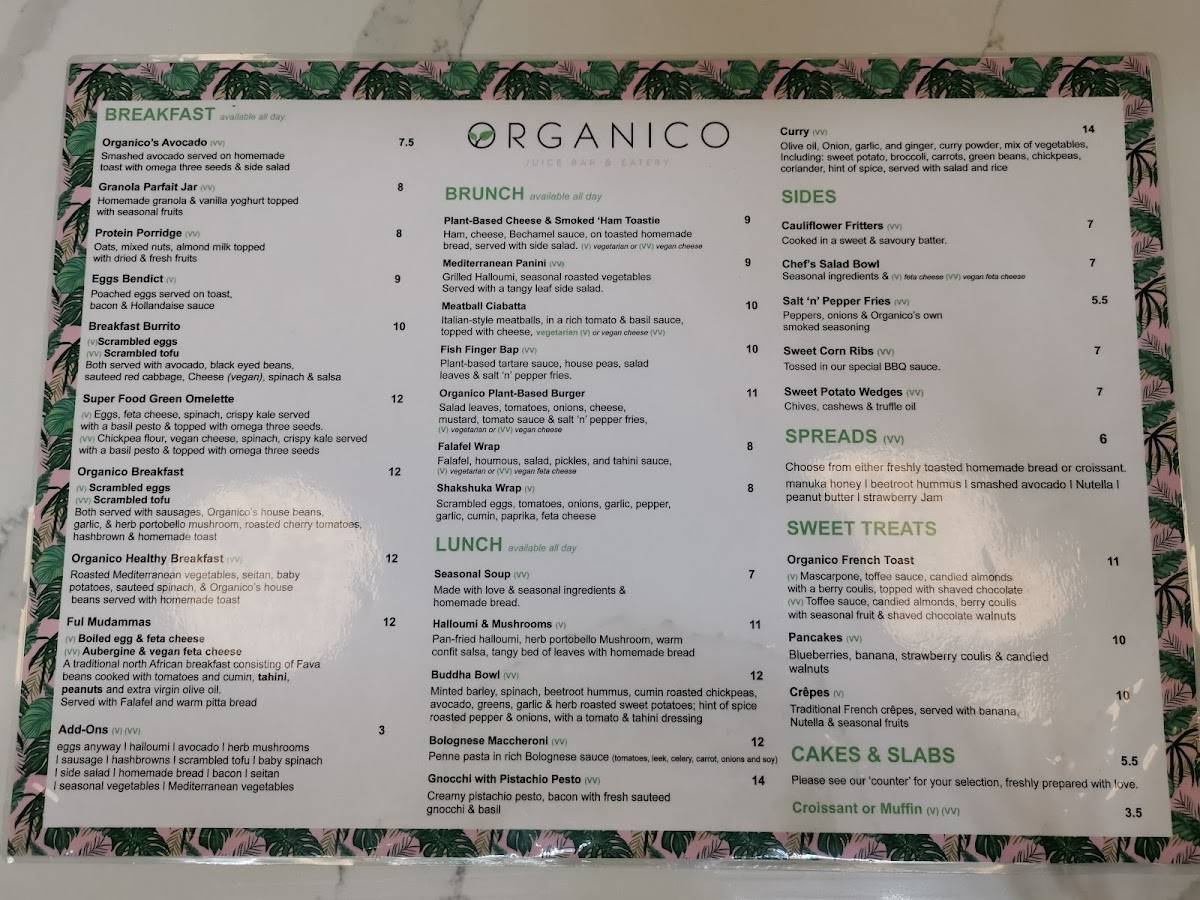 Menu at Orgânico Juice Bar & Eatery, Liverpool