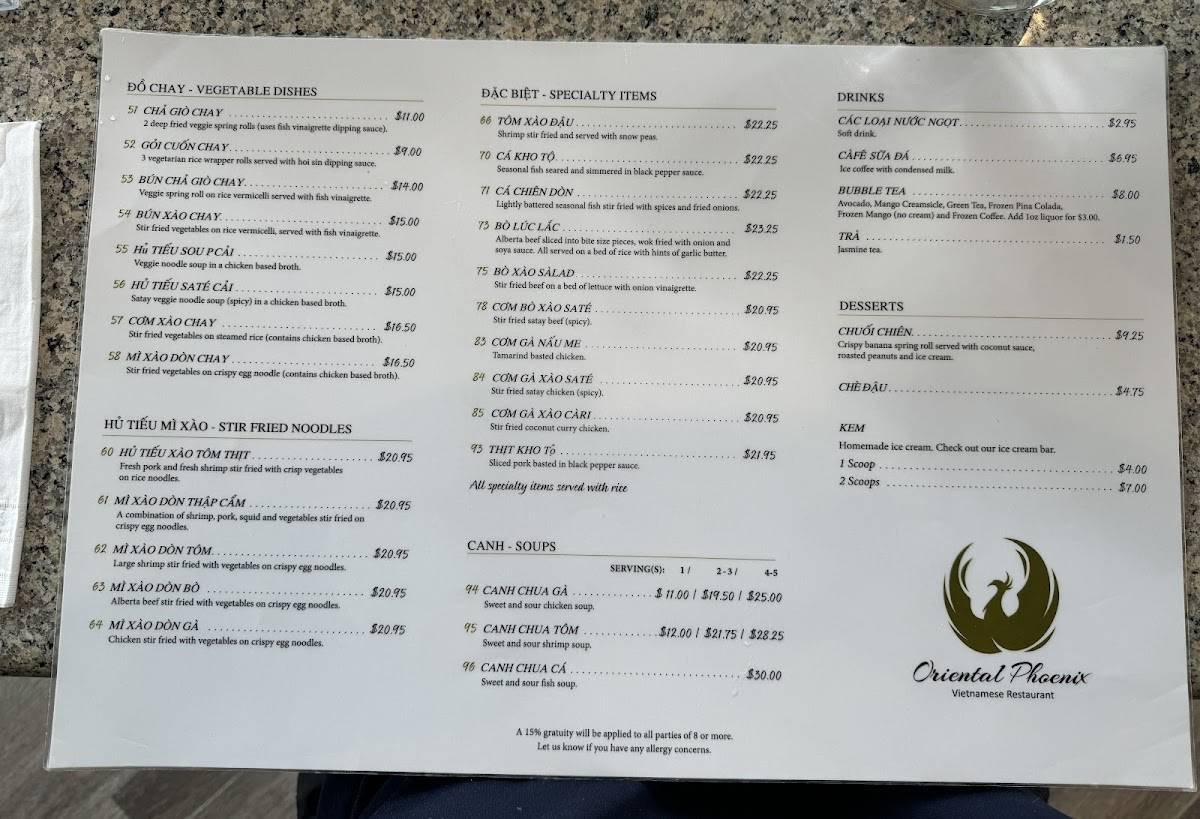Menu at Oriental Phoenix Vietnamese Restaurant, Calgary, 104 58 Ave SE #80