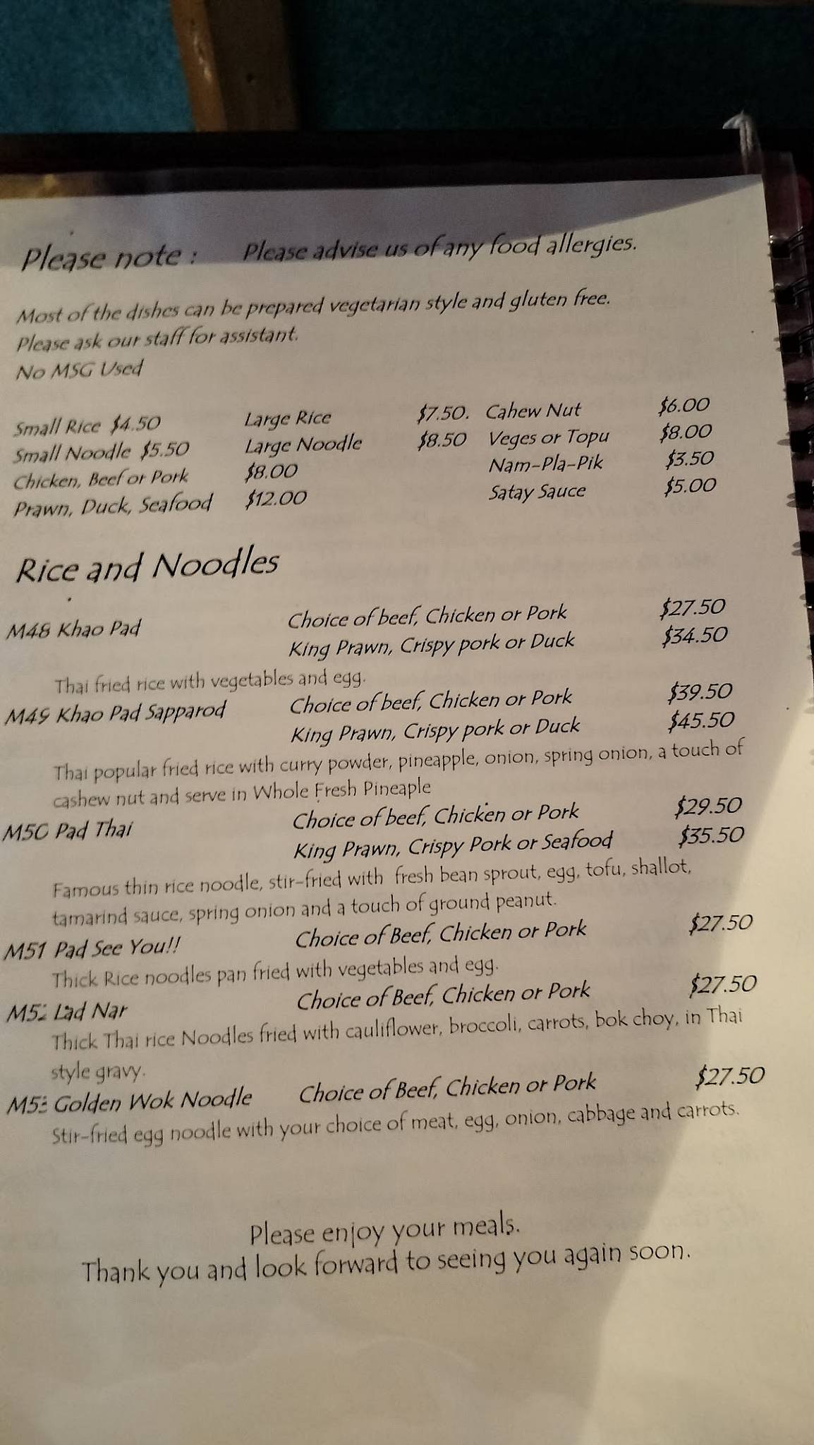 Menu at Original Thai Restaurant, Hamilton