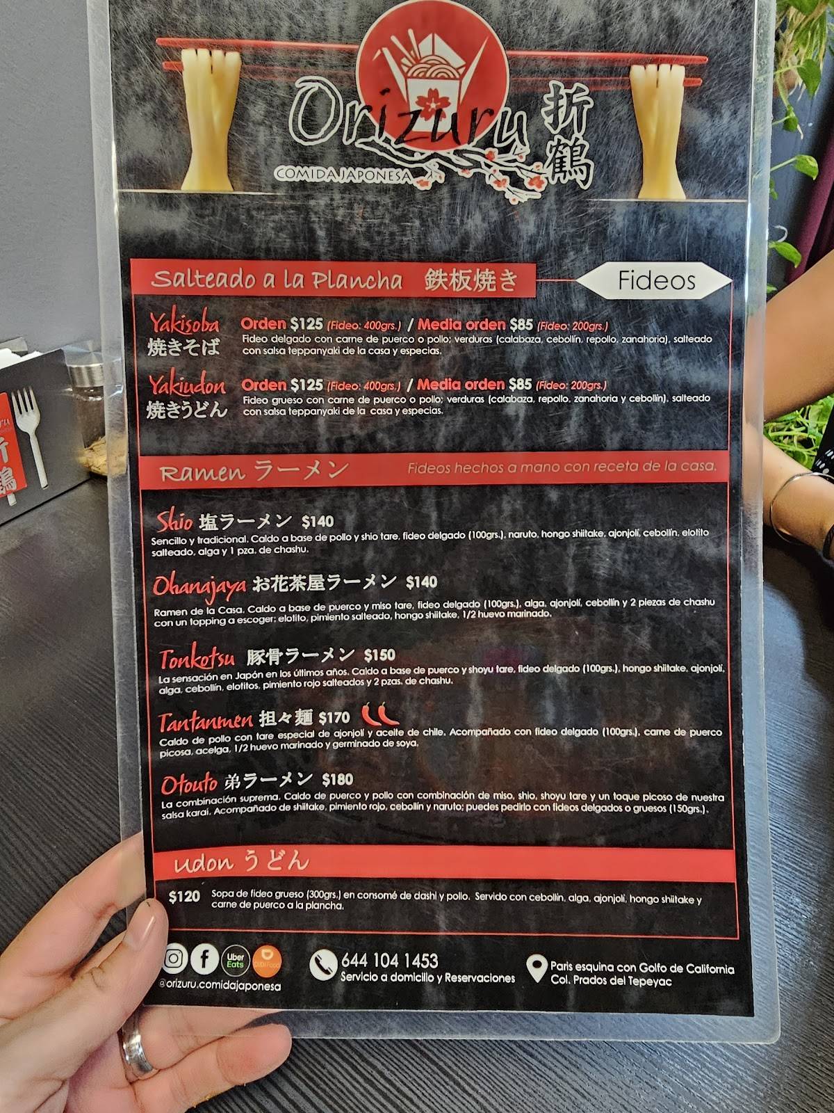 Carta del restaurante Orizuru Comida Japonesa, Ciudad Obregón