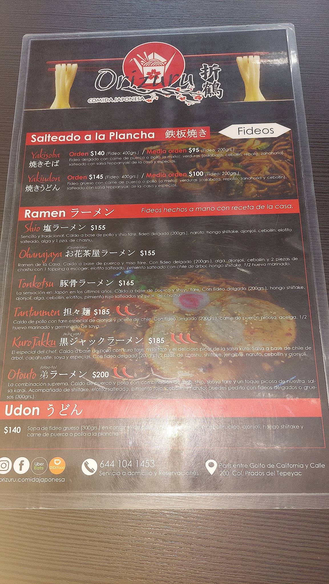 Carta del restaurante Orizuru Comida Japonesa, Ciudad Obregón