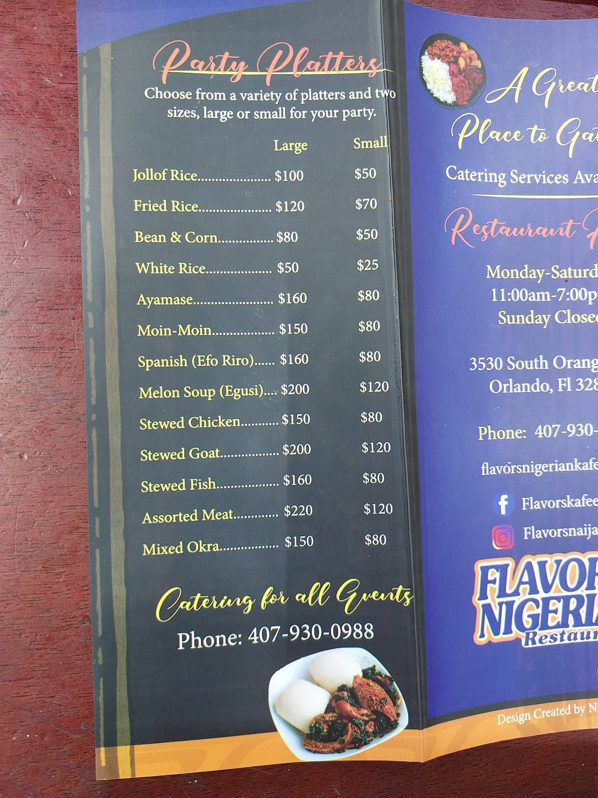 Menu at Flavors Nigerian Restaurant, Orlando