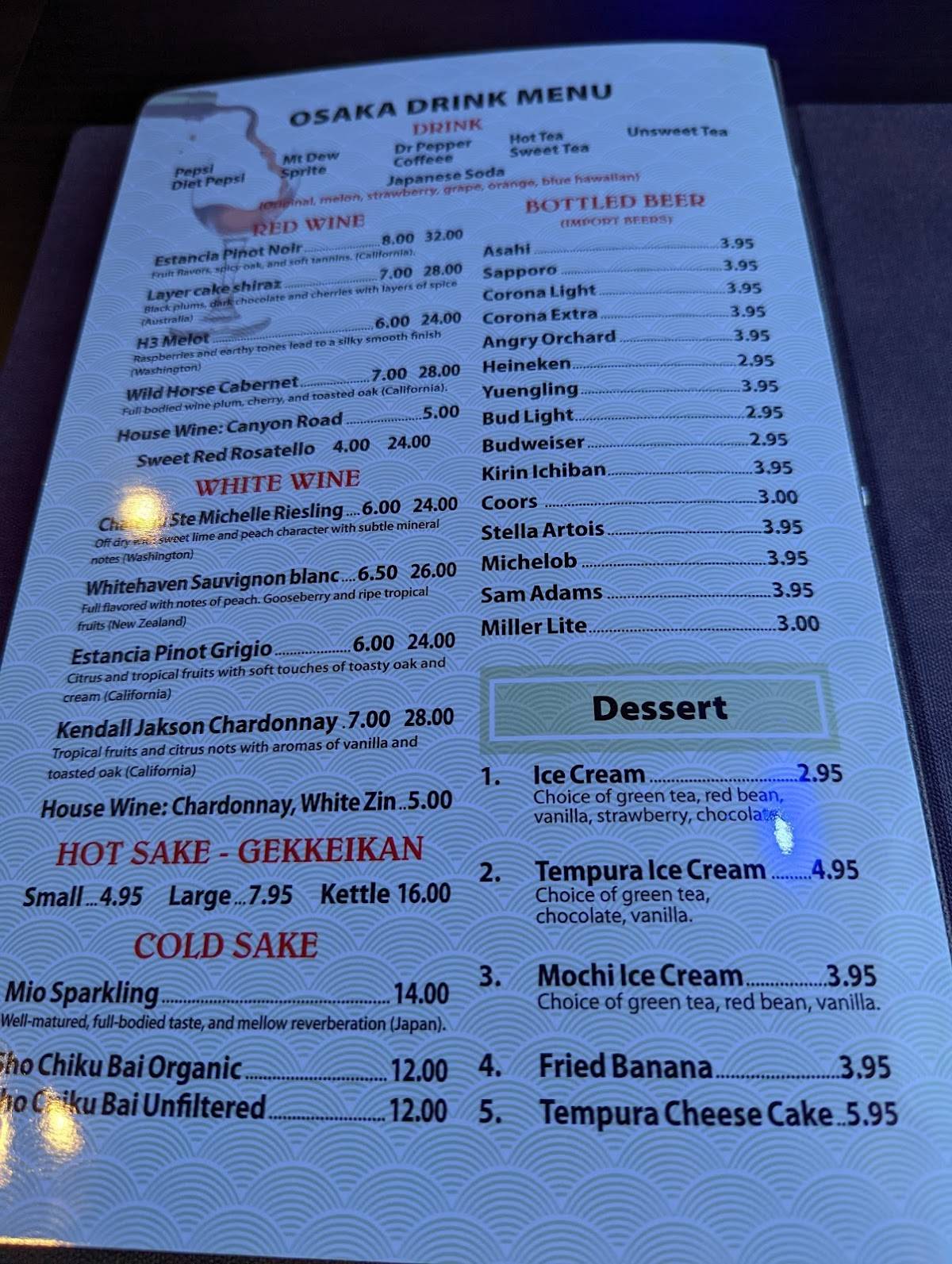 Menu at Osaka restaurant, Helena