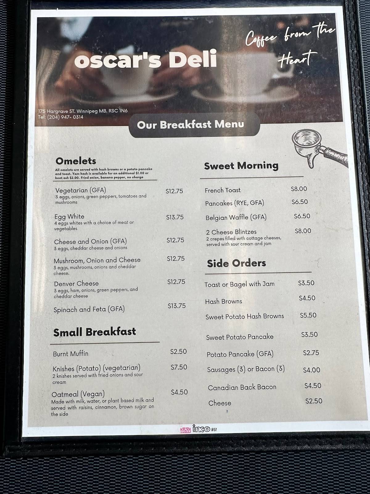 Menu at Oscar's Deli restaurant, Winnipeg