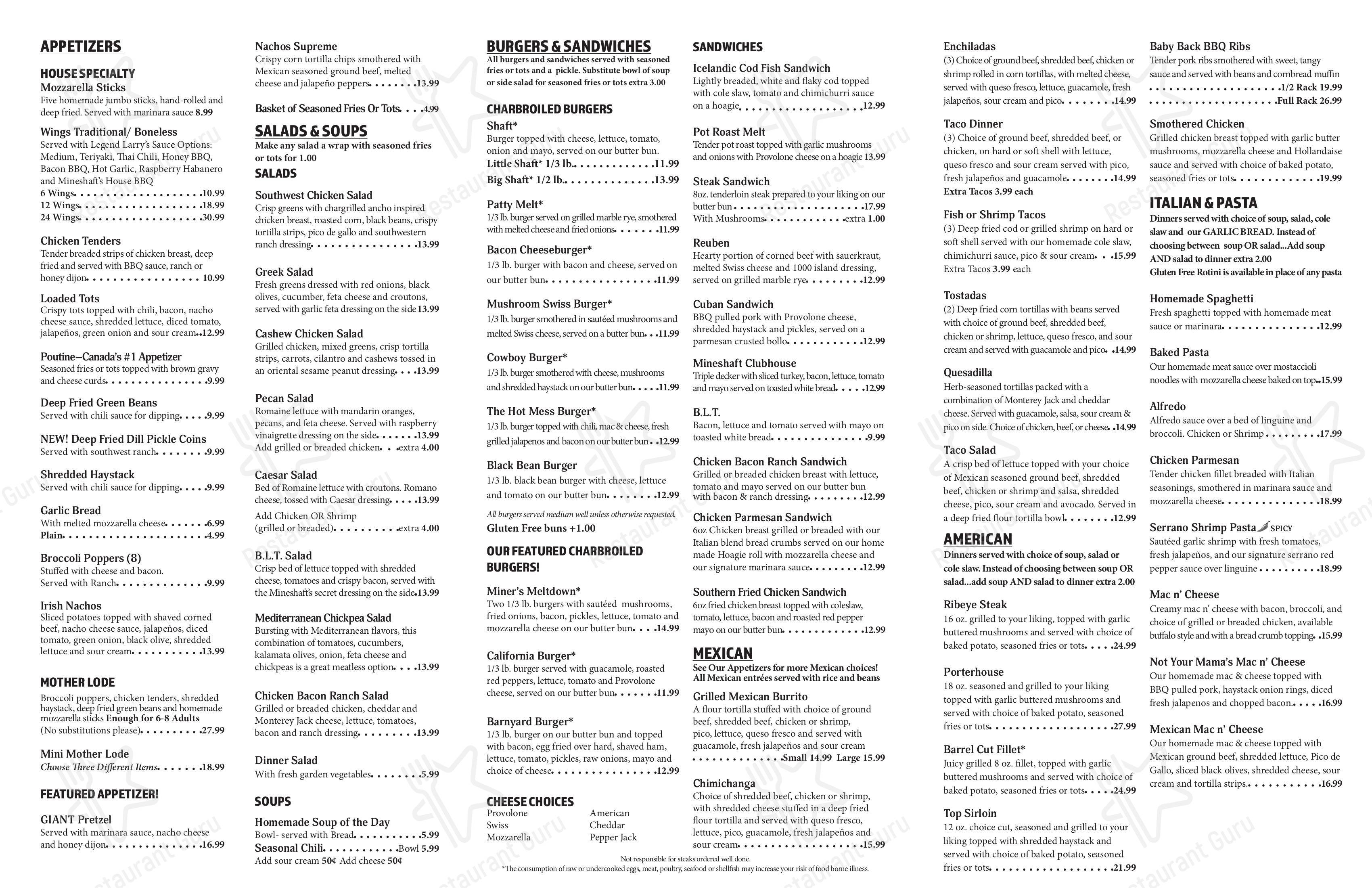 Menu at Mineshaft Oshkosh pub & bar, Oshkosh