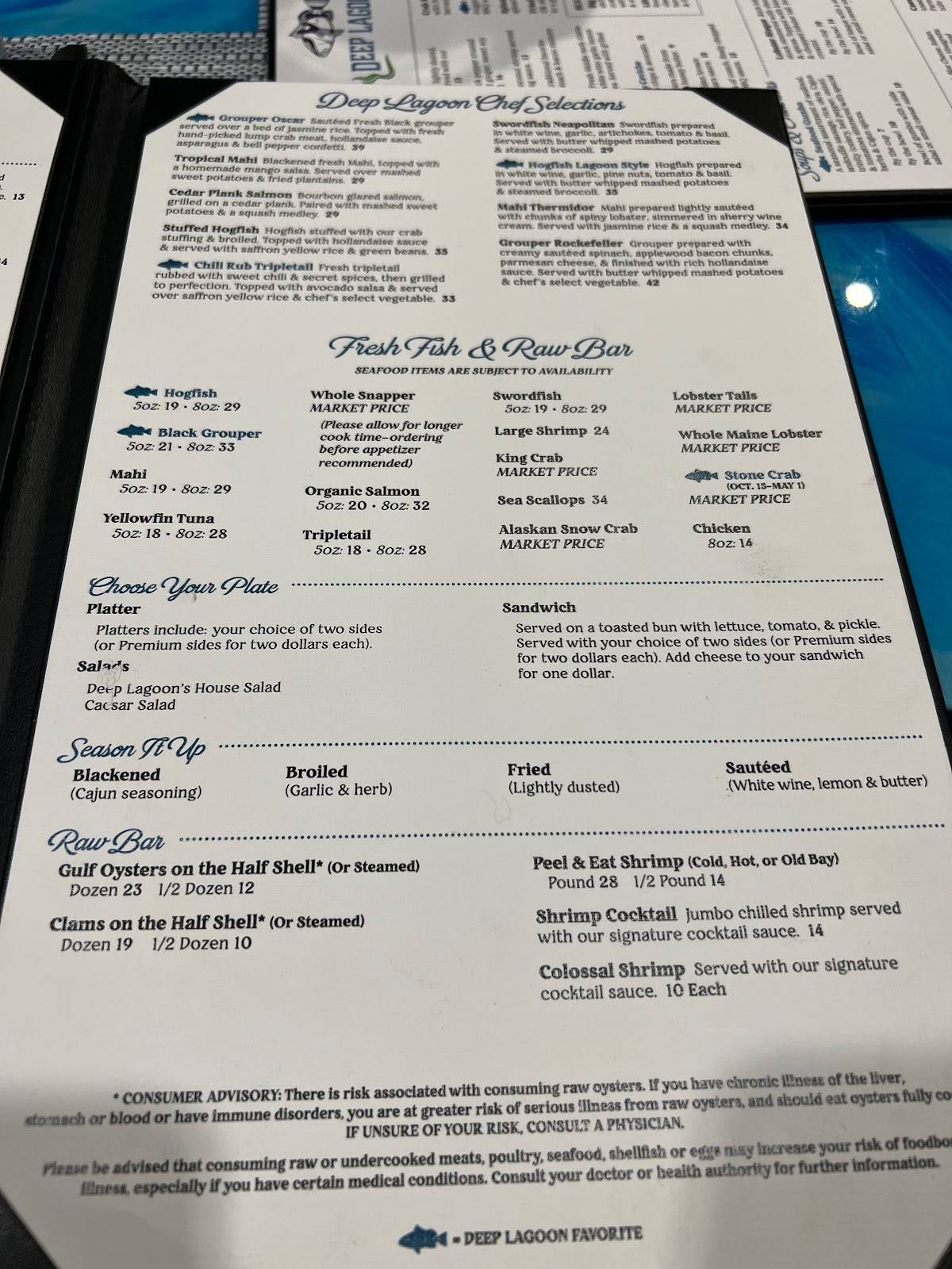 Menu at Deep Lagoon Seafood and Oyster House restaurant, Osprey