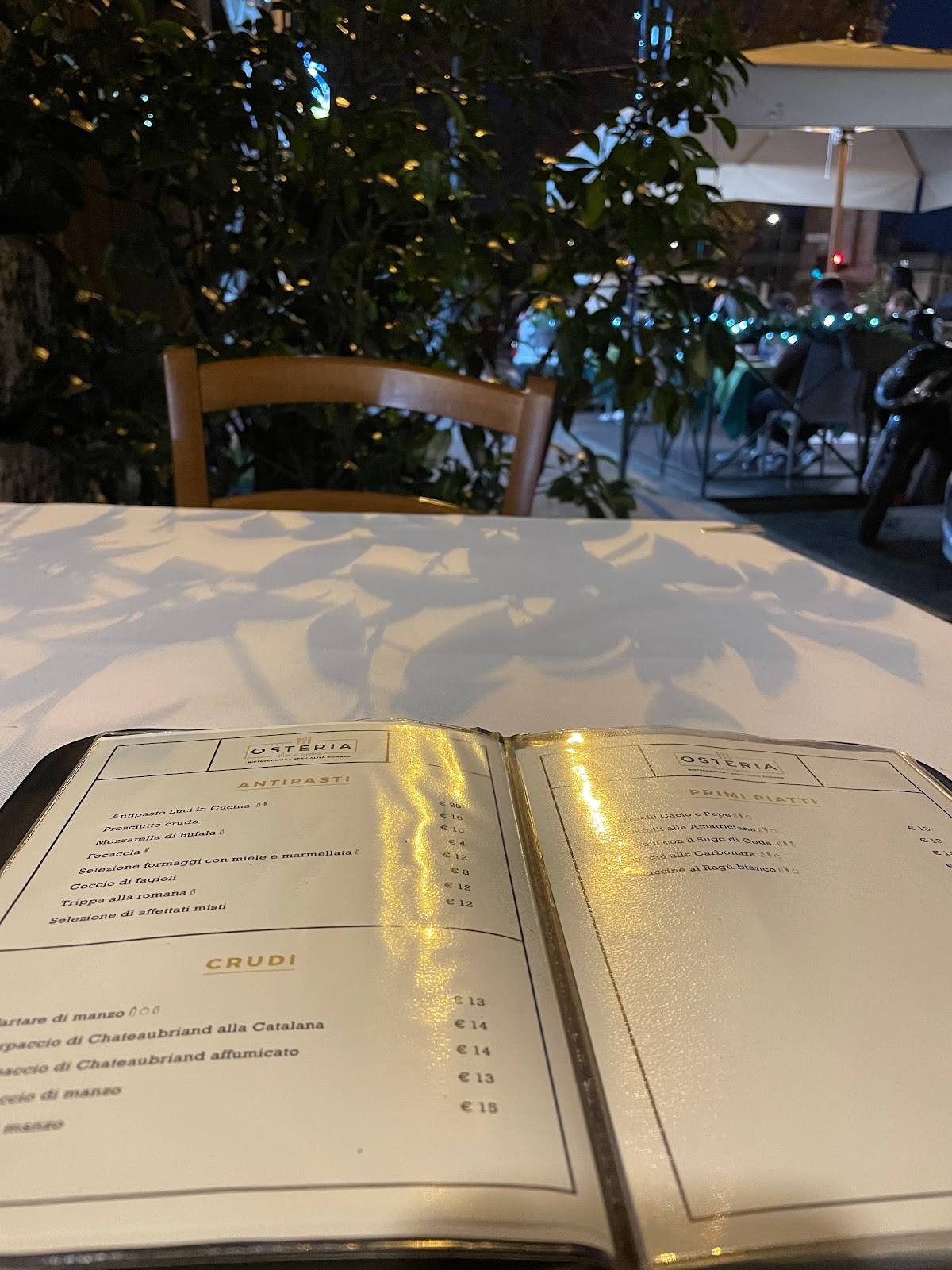 Menu at Osteria Luci in cucina restaurant, Rome