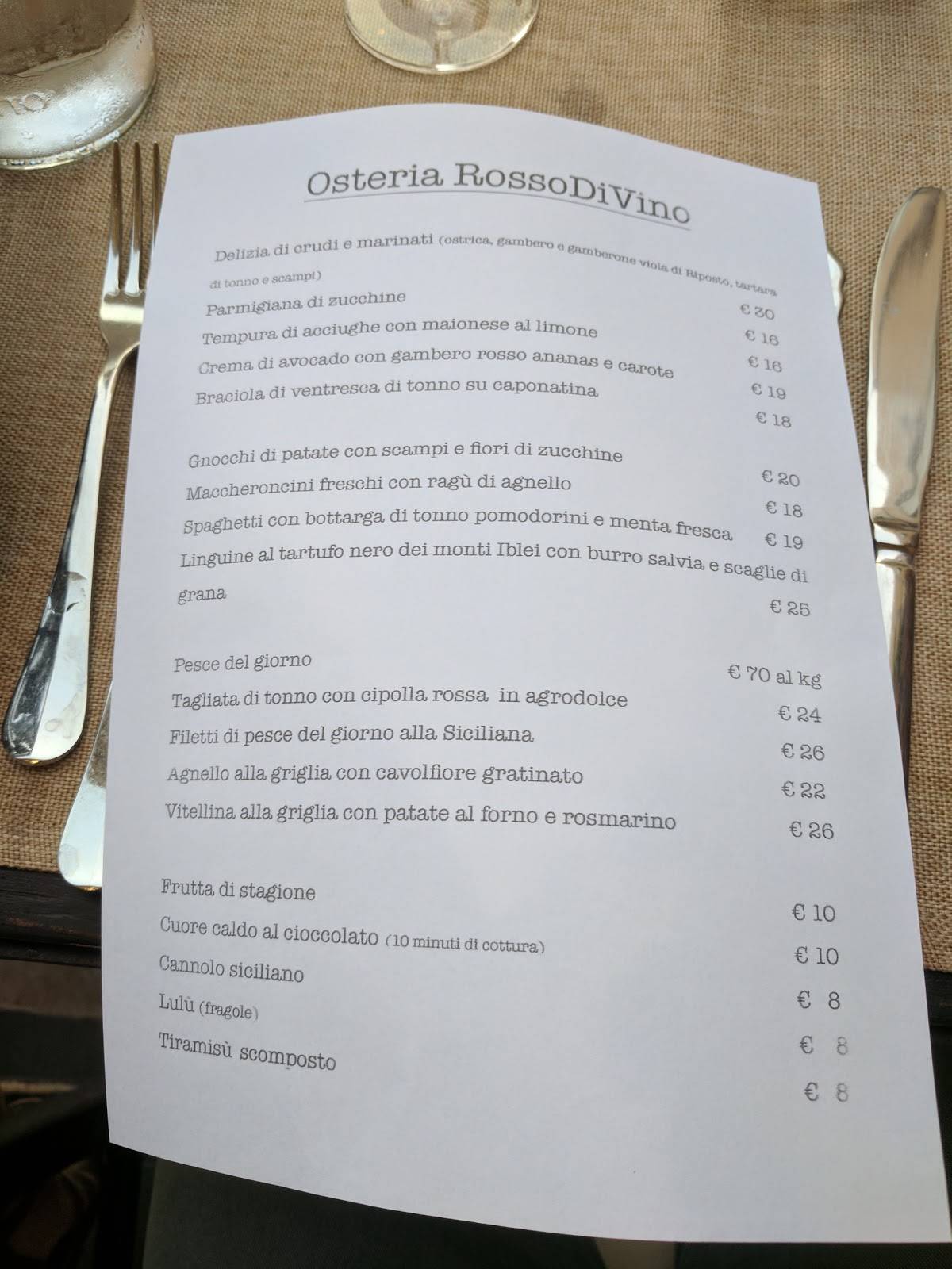 Menu at Osteria Rosso Divino restaurant, Taormina