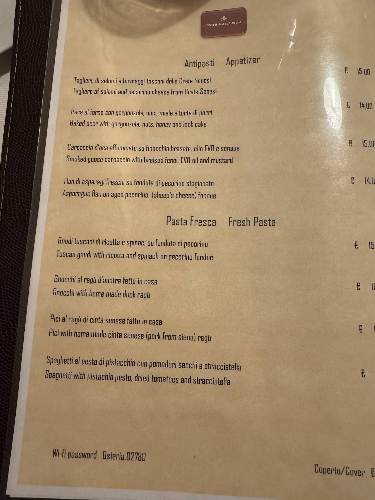 Menu at Osteria alla Villa restaurant, Villa A Sesta