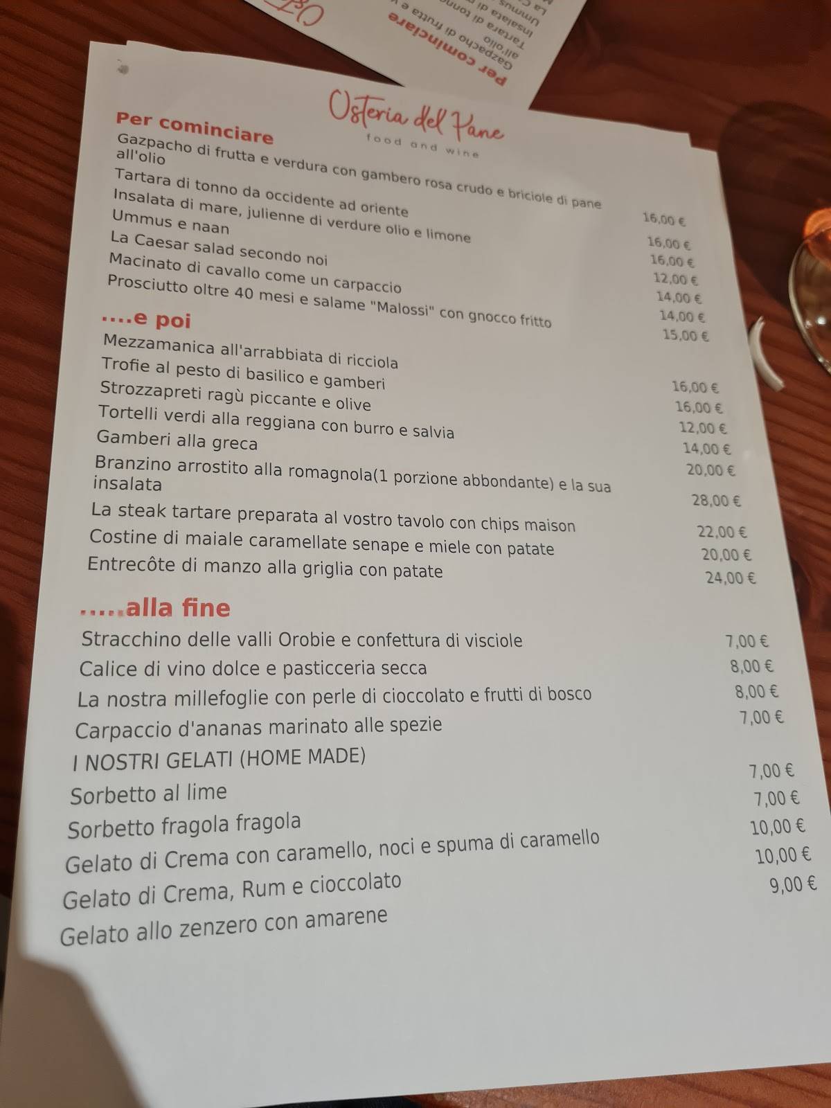 Menu da Osteria del Pane ristorante, Migliarina