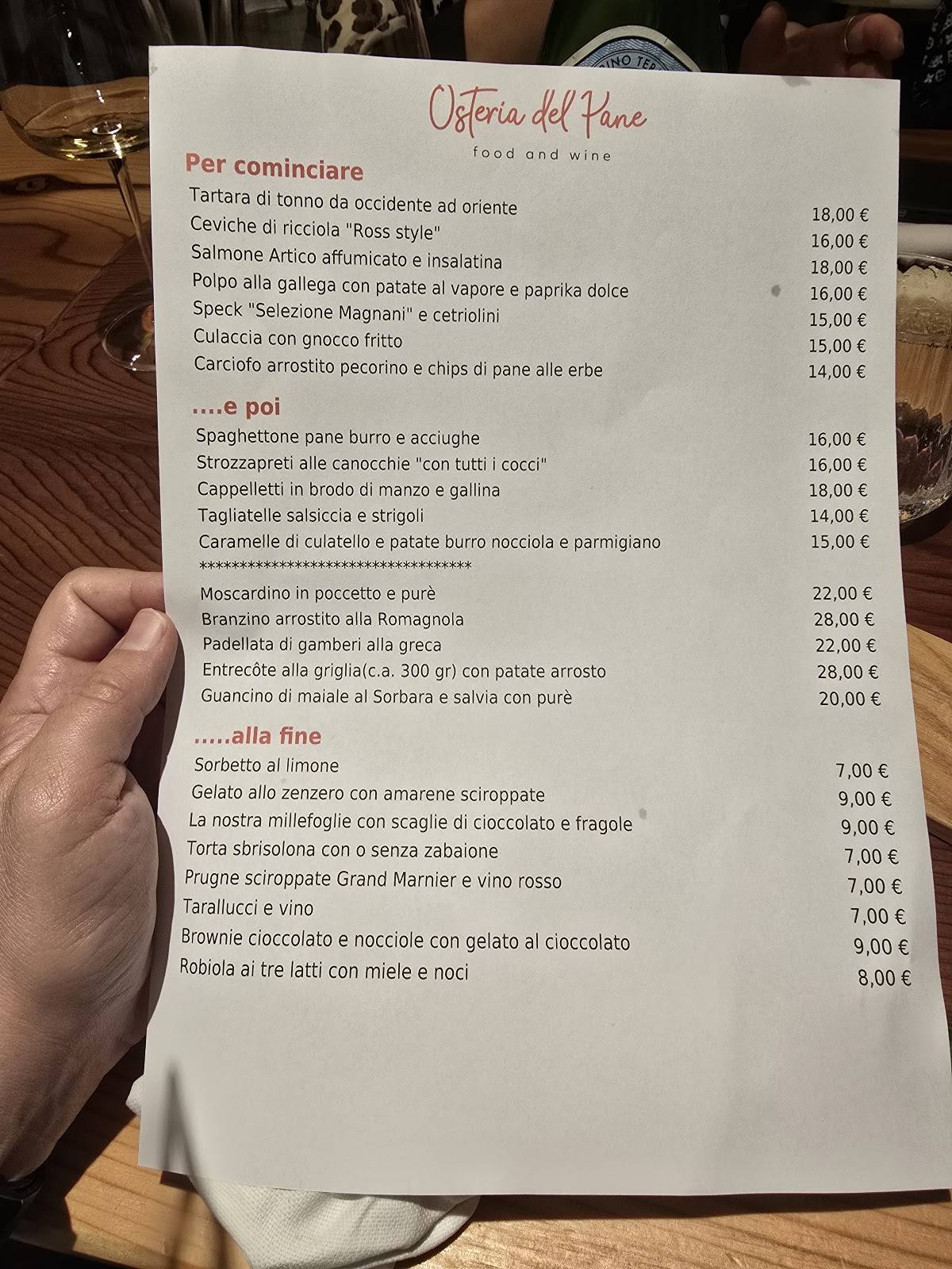 Menu da Osteria del Pane ristorante, Migliarina