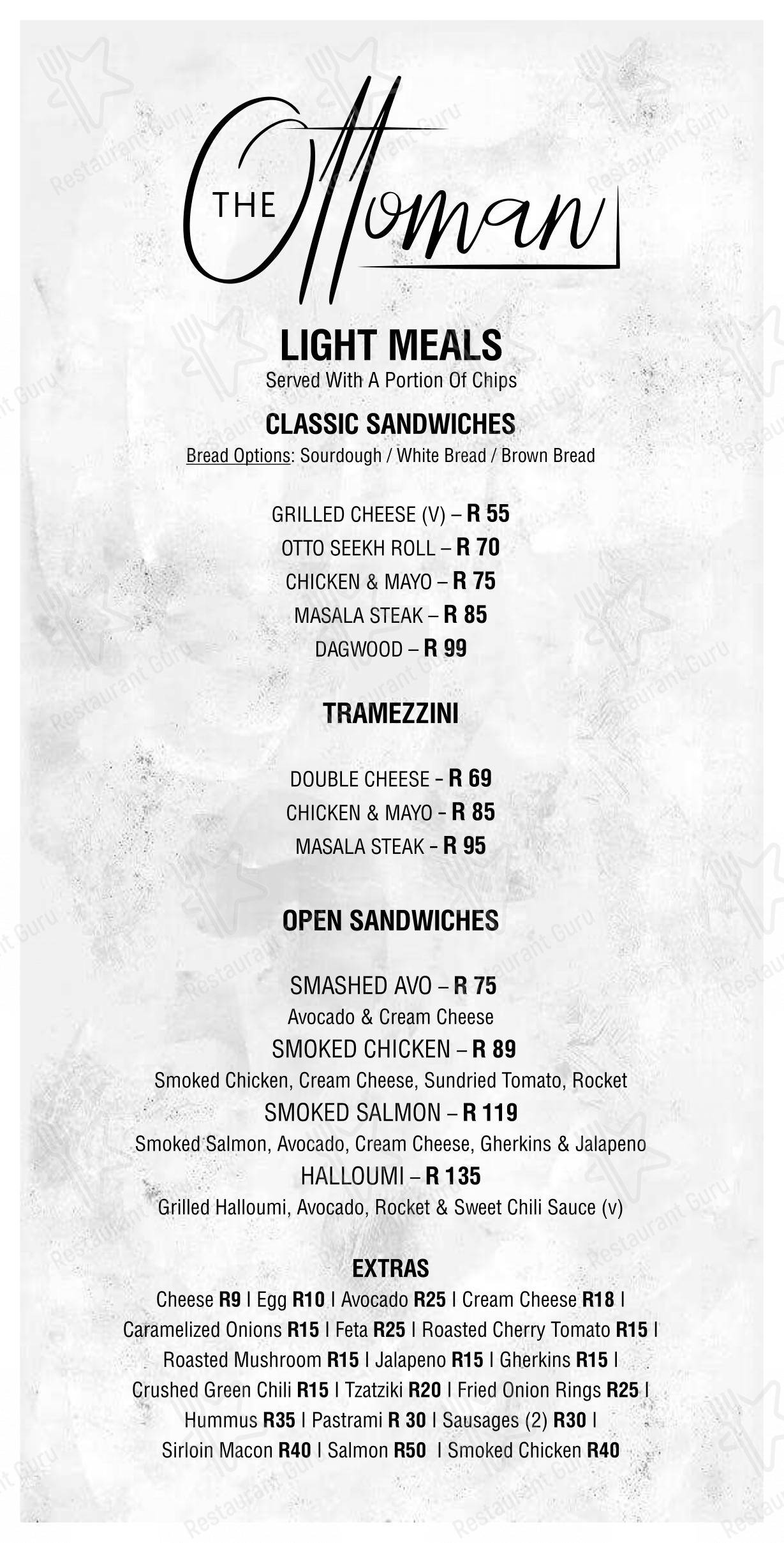 Menu at Otto's Cafe, Cape Town