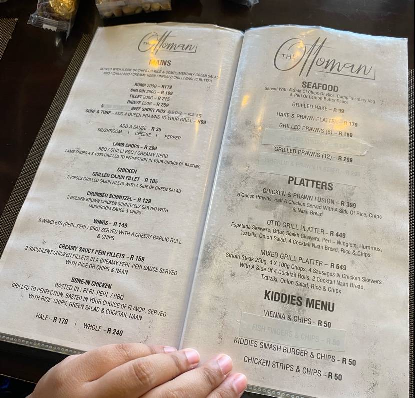 Menu au Otto's Cafe, Le Cap