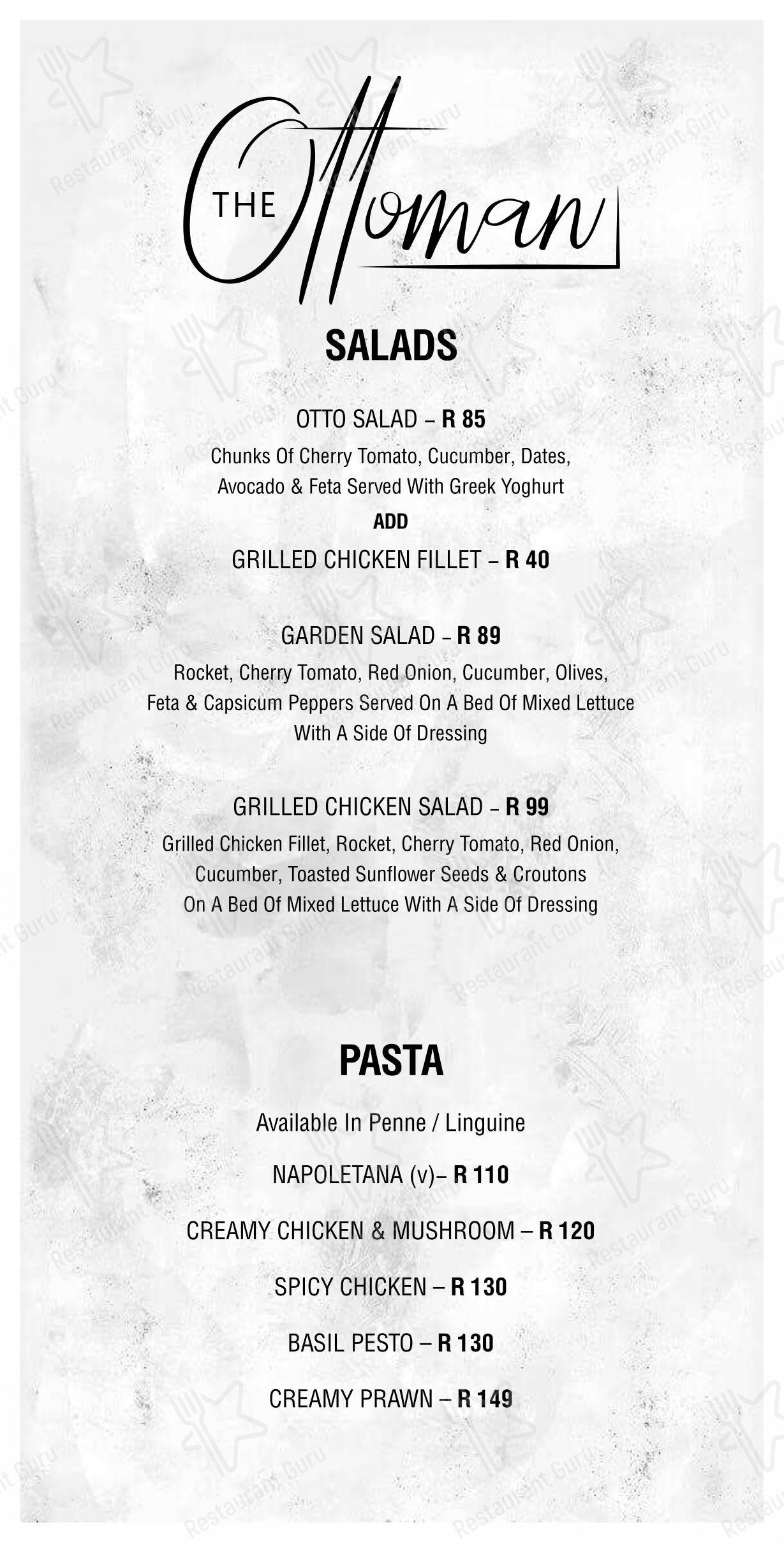 Menu at Otto's Cafe, Cape Town