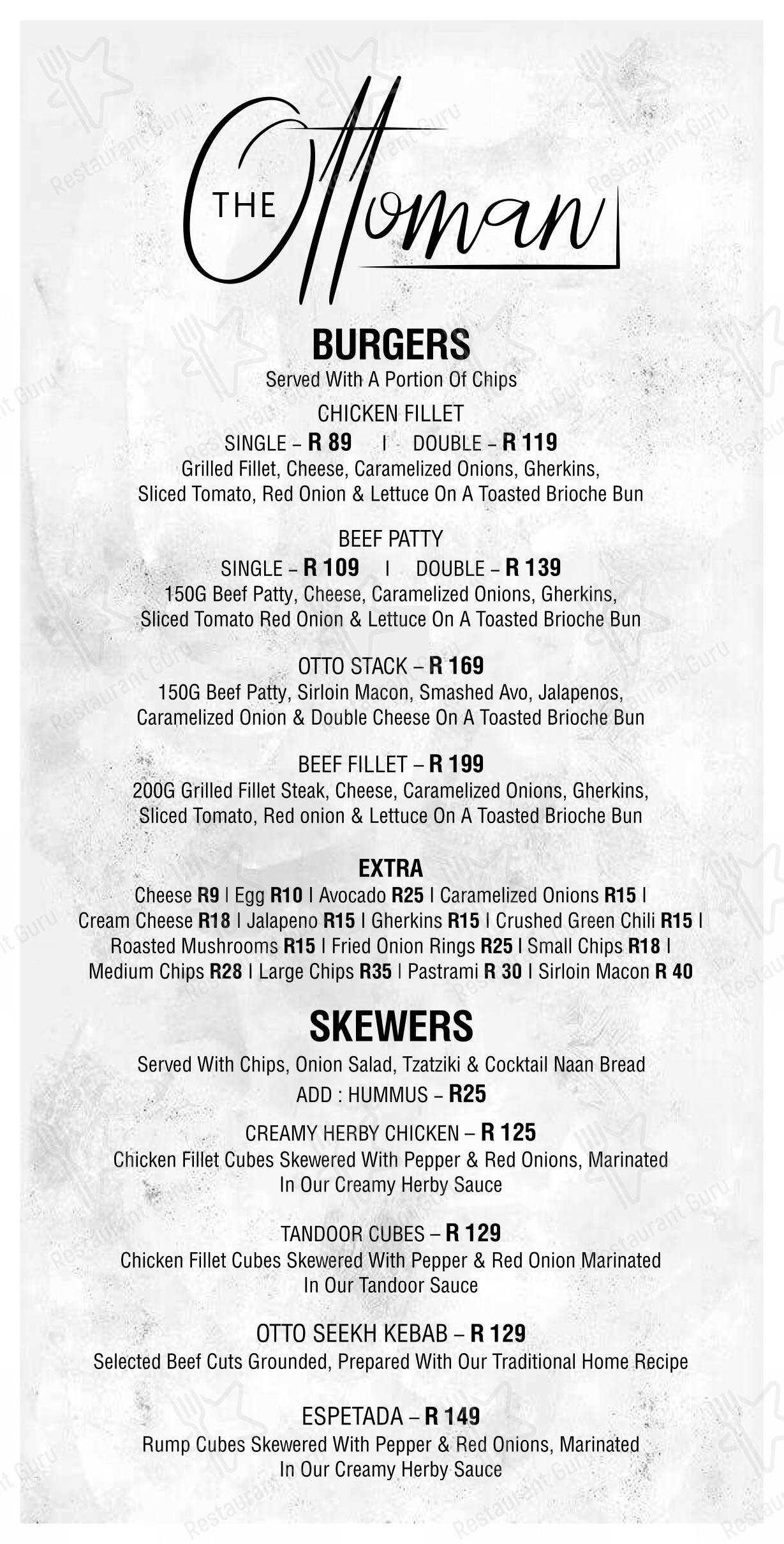 Menu at Otto's Cafe, Cape Town