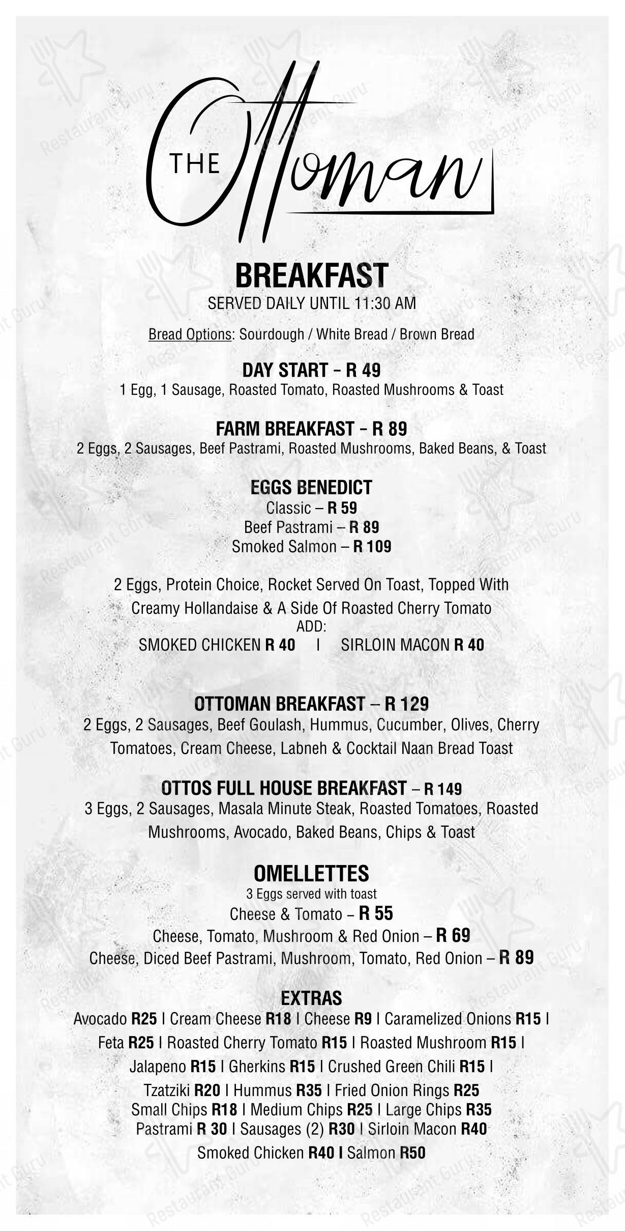 Menu at Otto's Cafe, Cape Town