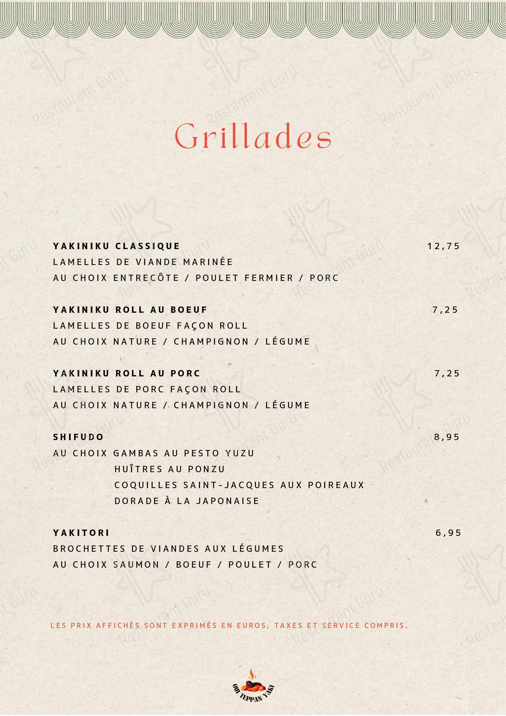 Carta del restaurante Oui Teppan Yaki, Vitré