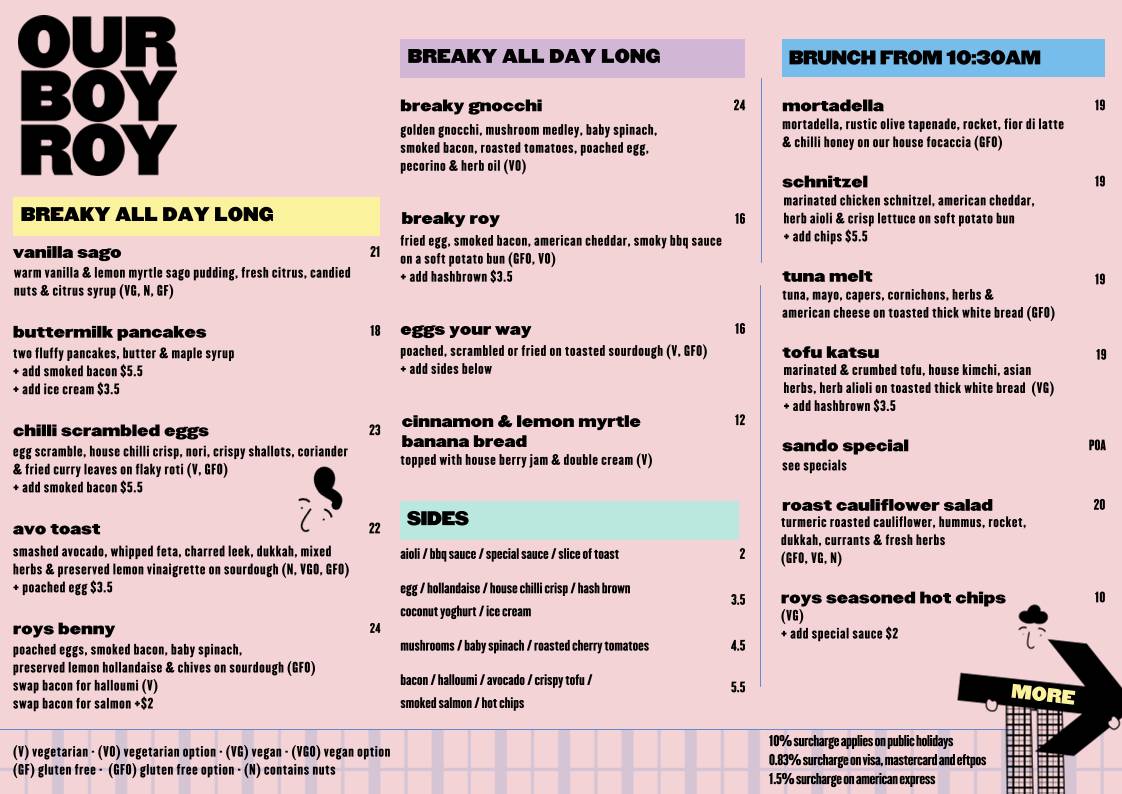 Menu at Our Boy Roy cafe, Clarence Park