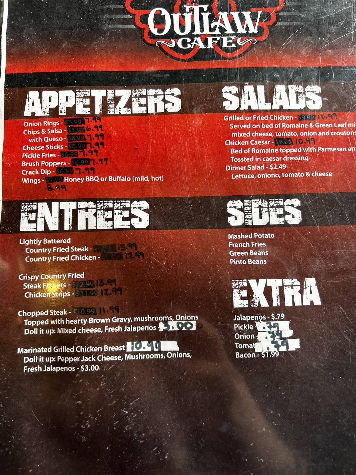 Menu at Outlaw Cafe, Whiteface