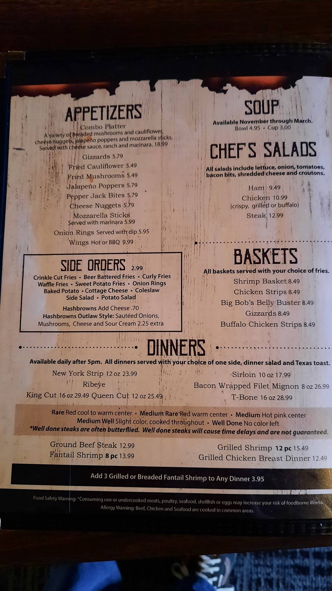 Carta de Outlaw Steakhouse, Garland