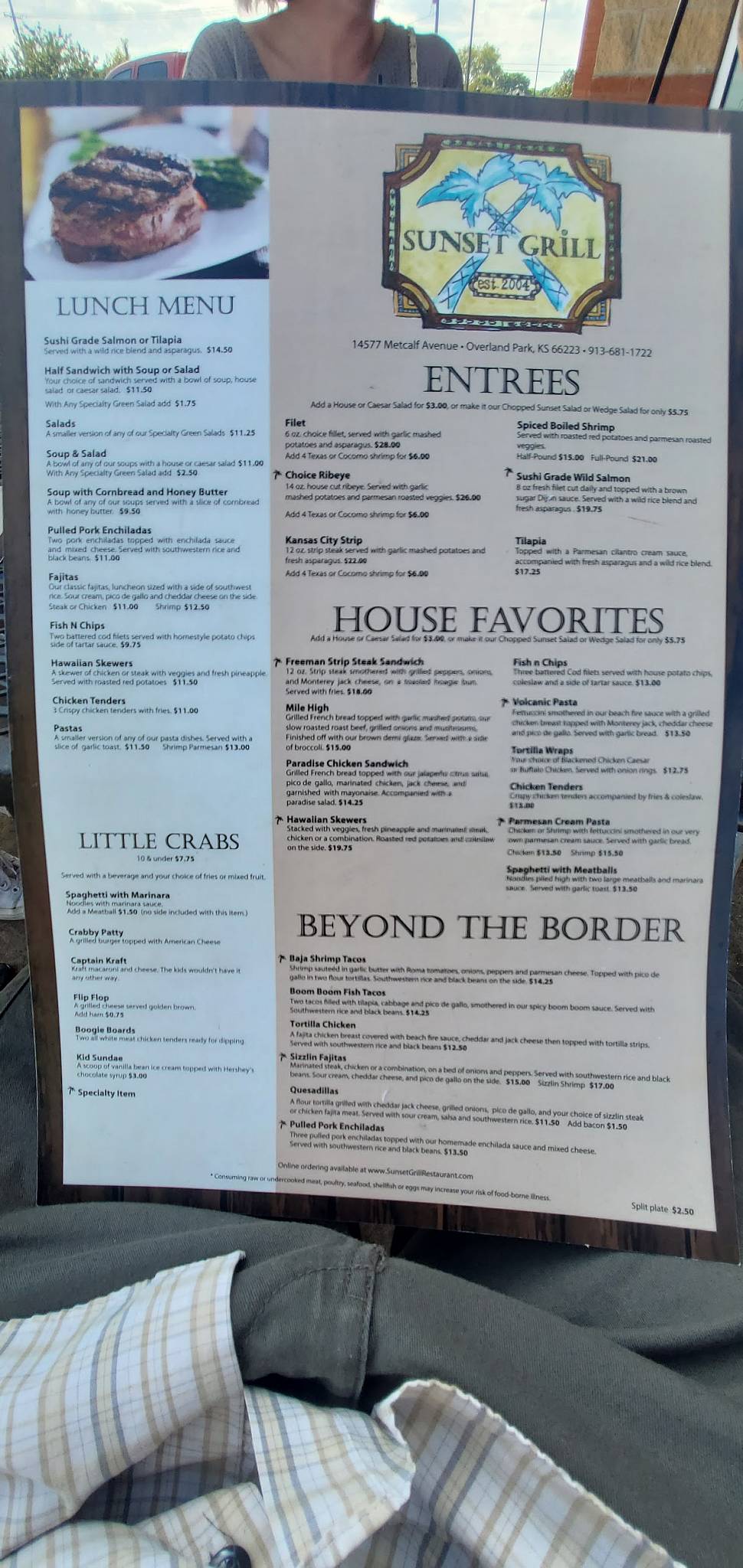 Menu at Sunset Grill pub & bar, Overland Park