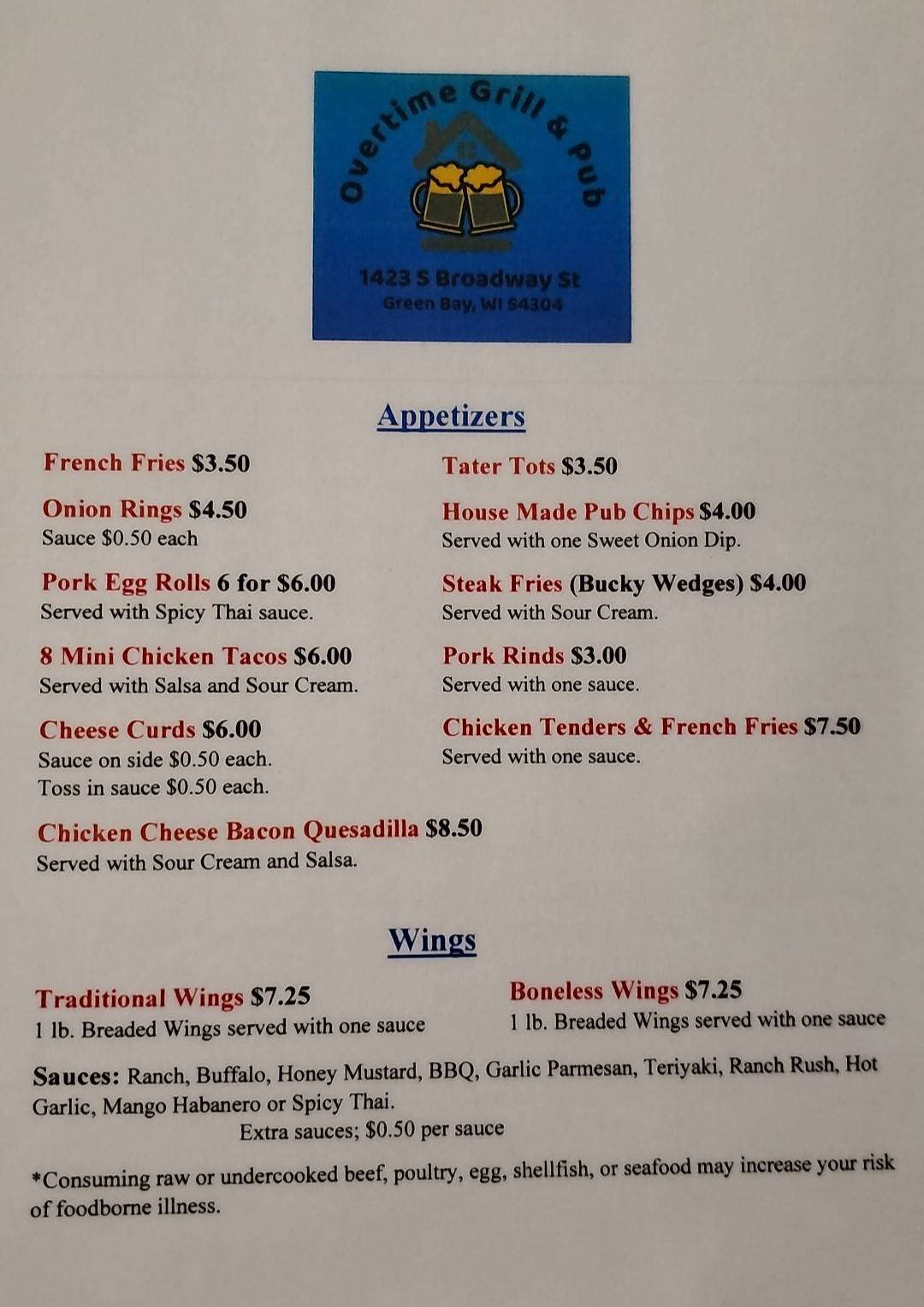 Menu at Overtime Grill & Pub, Green Bay