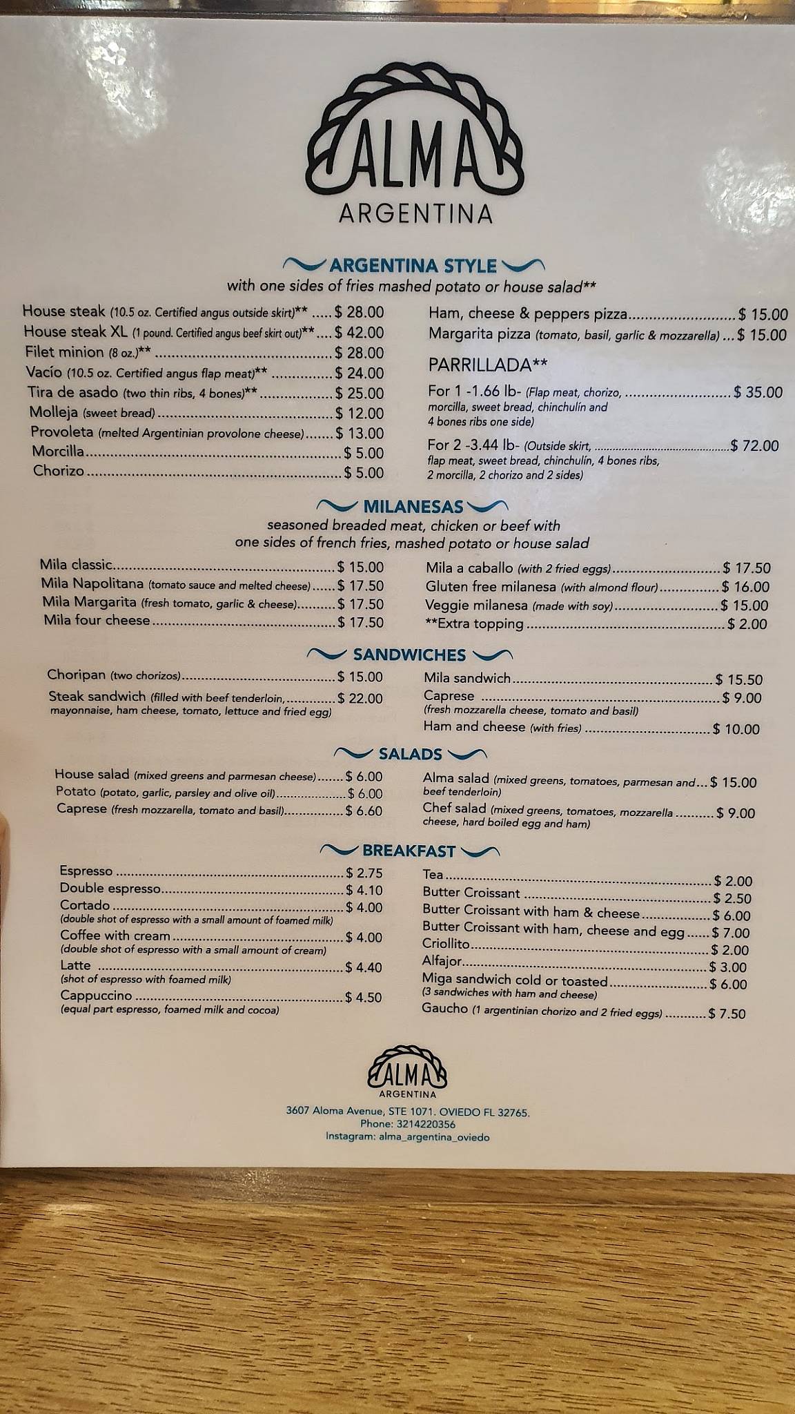 Menu at Alma Argentina restaurant, Oviedo, Aloma Ave Unit 107