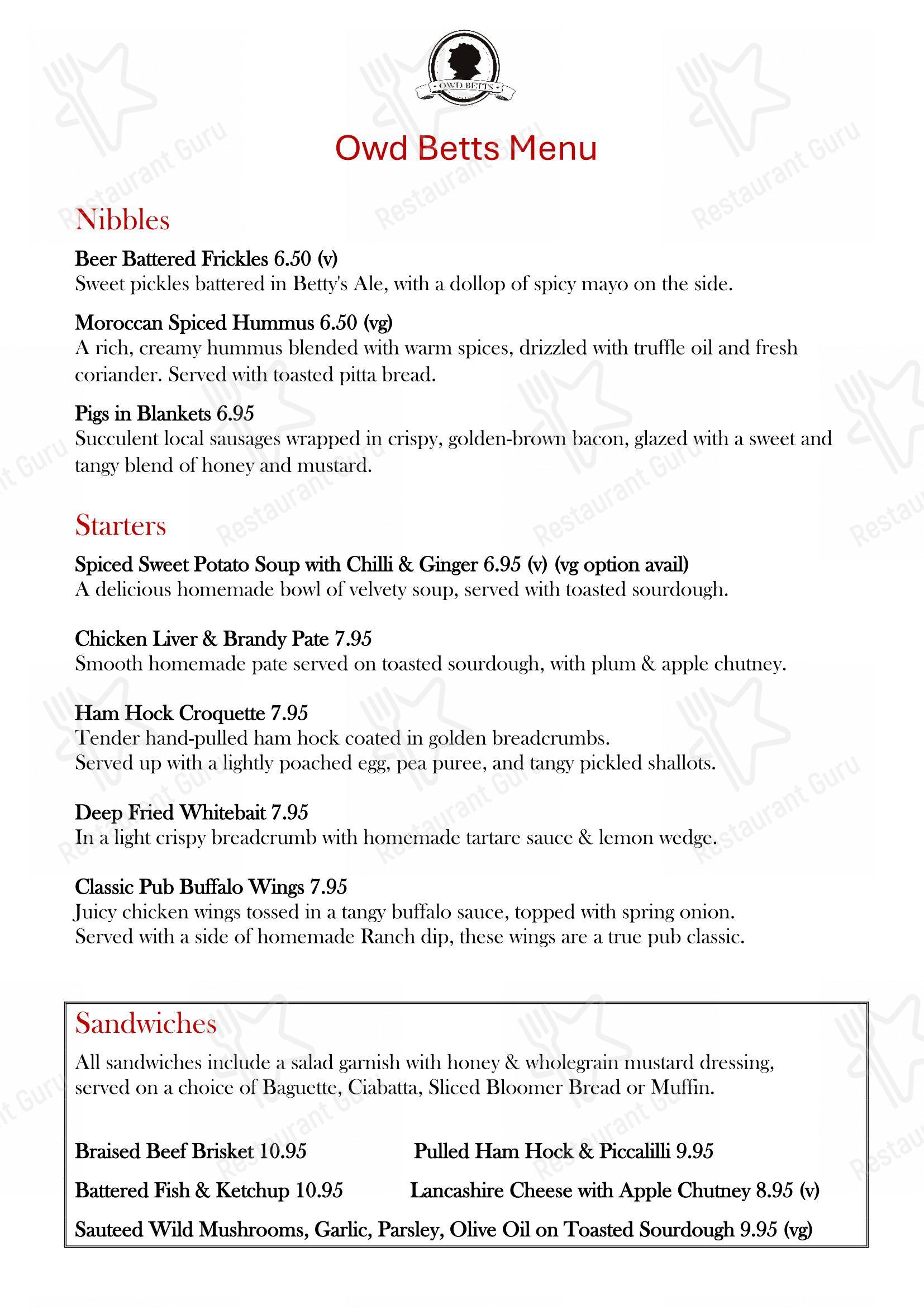 Menu at Owd Betts pub & bar, Rochdale