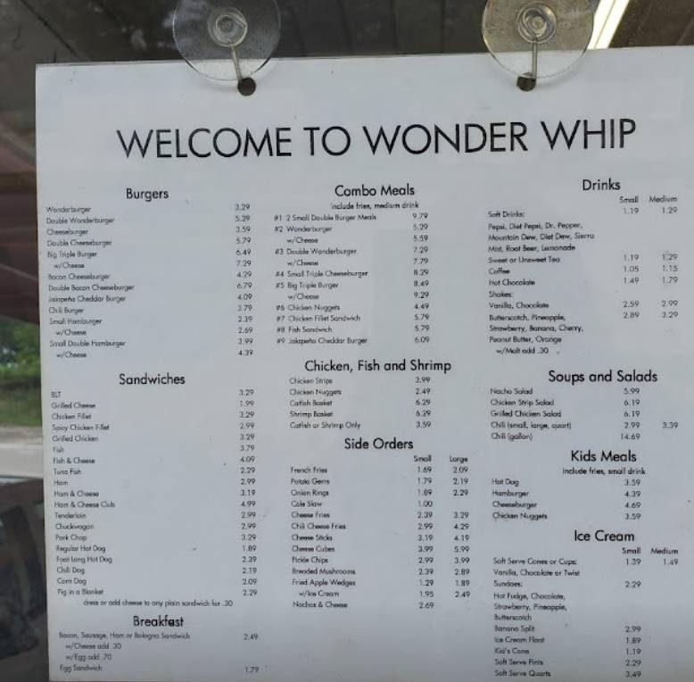 Menu at Wonder Whip restaurant, Owensboro, E 4th St