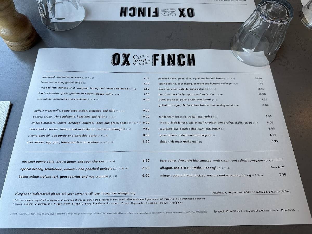 Menu at Ox and Finch restaurant, Glasgow, 920 Sauchiehall St