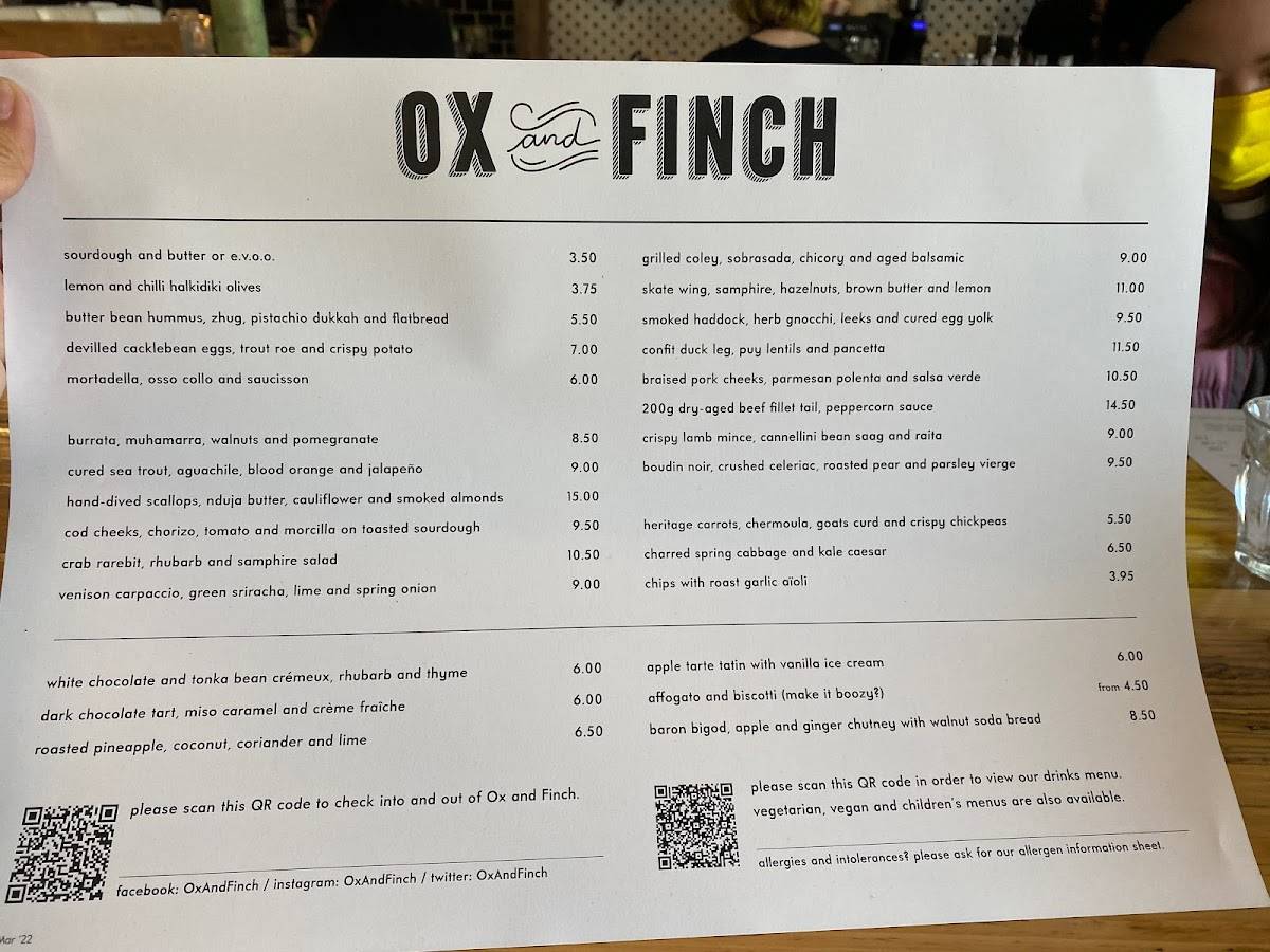 Menu at Ox and Finch restaurant, Glasgow, 920 Sauchiehall St