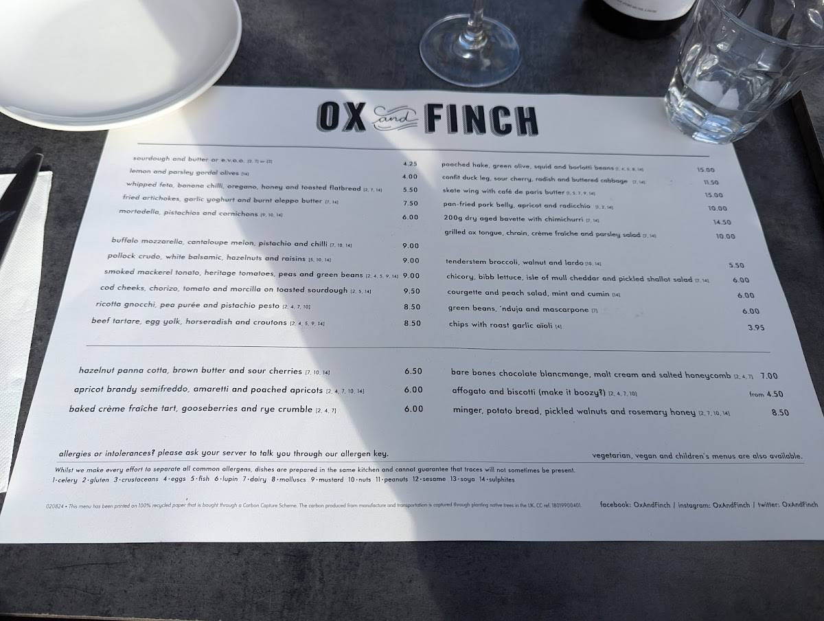 Menu at Ox and Finch restaurant, Glasgow, 920 Sauchiehall St