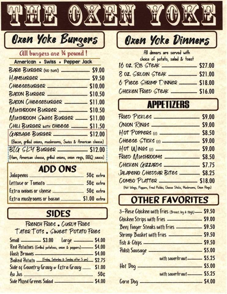 Menu at Oxen Yoke Inn pub & bar, Utica
