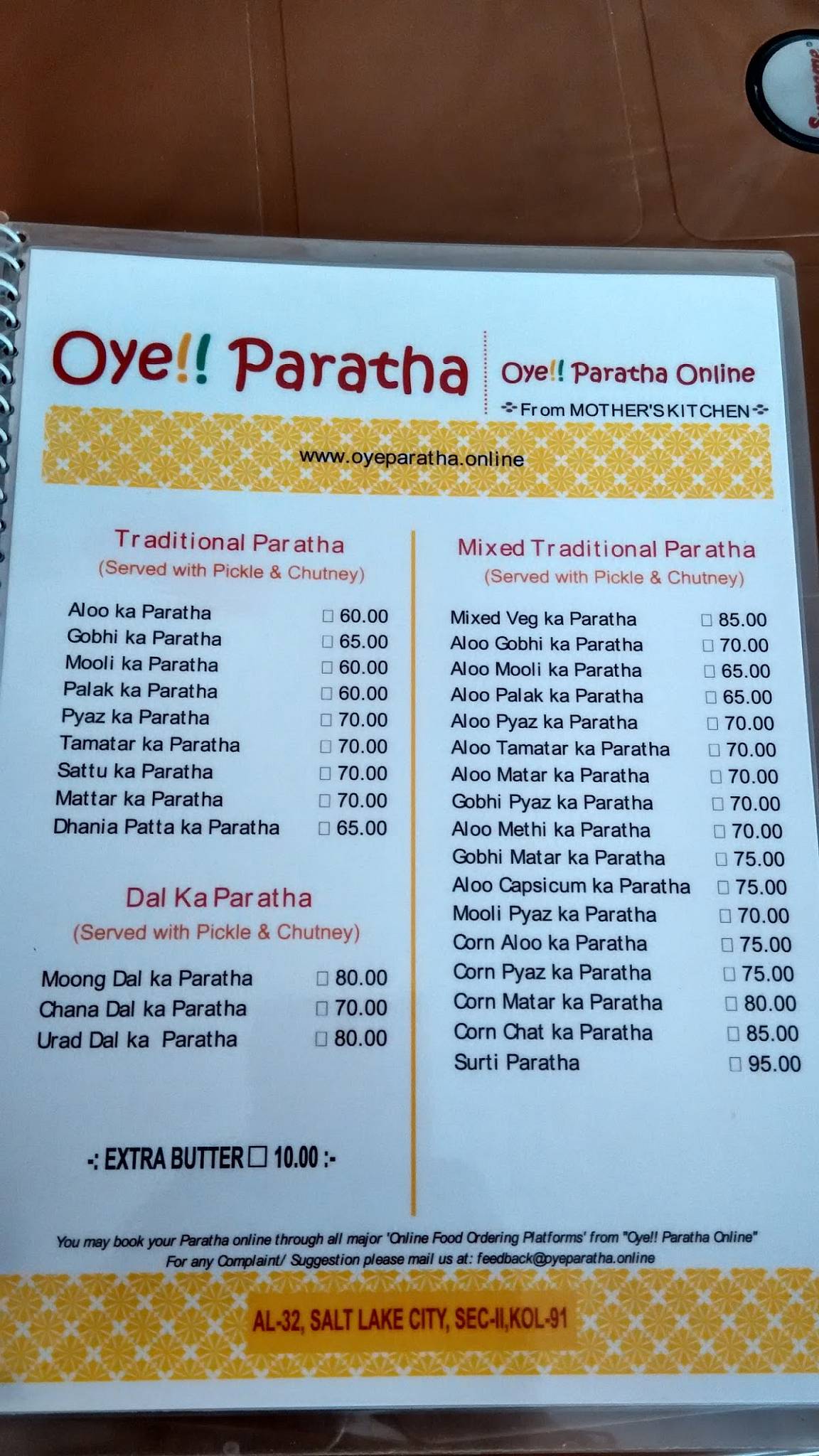 Menu at Oye!! Paratha, Kolkata, AL 32