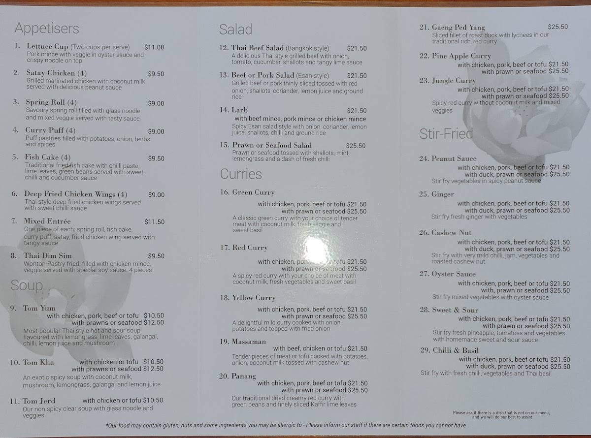 Menu at Oz Thai fast food, Palm Beach, 1/1389 Gold Coast Hwy